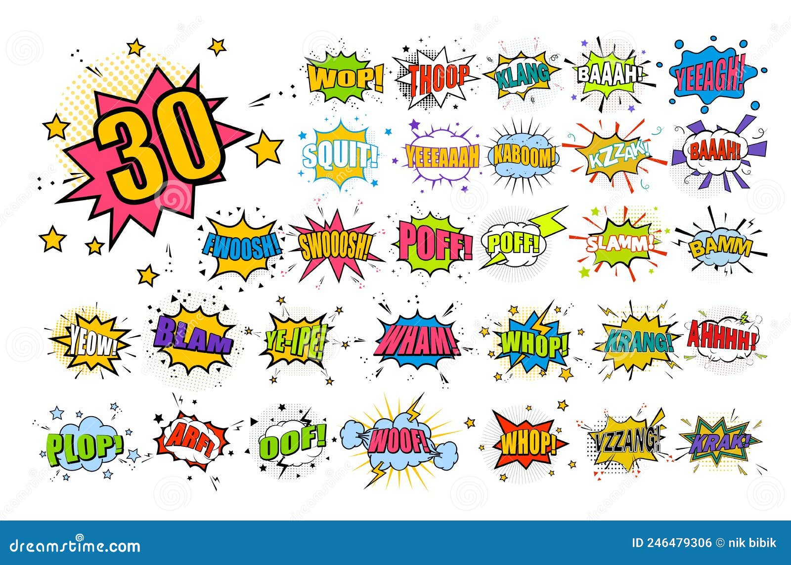 Comic Expressions Icon Set At Colored Speech Bubble Vector Illustration ...