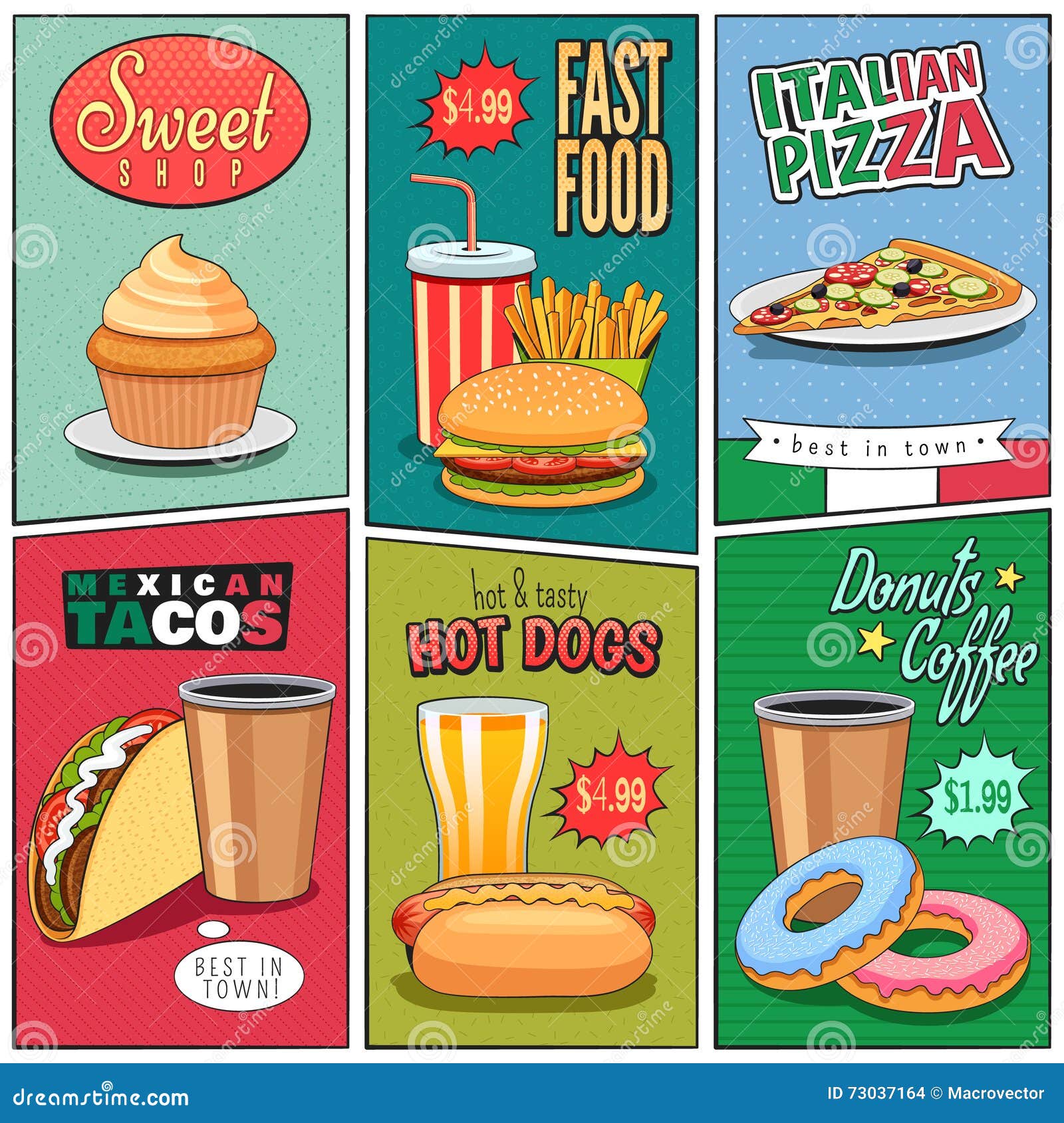 Comic Fast Food Mini Posters Collection Stock Vector - Illustration of ...