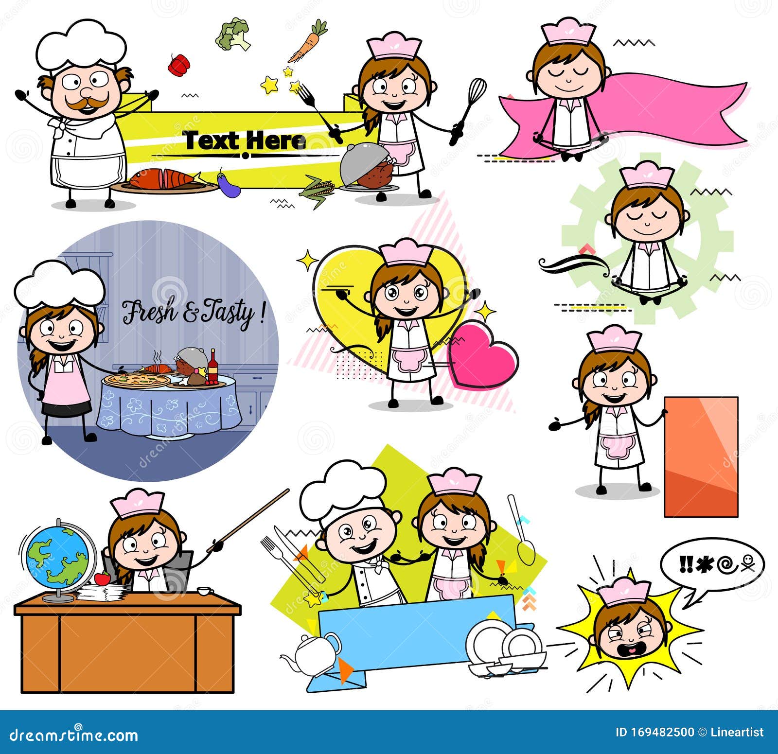 Comic Female Waitress - Collection of Concepts Vector Illustrations ...