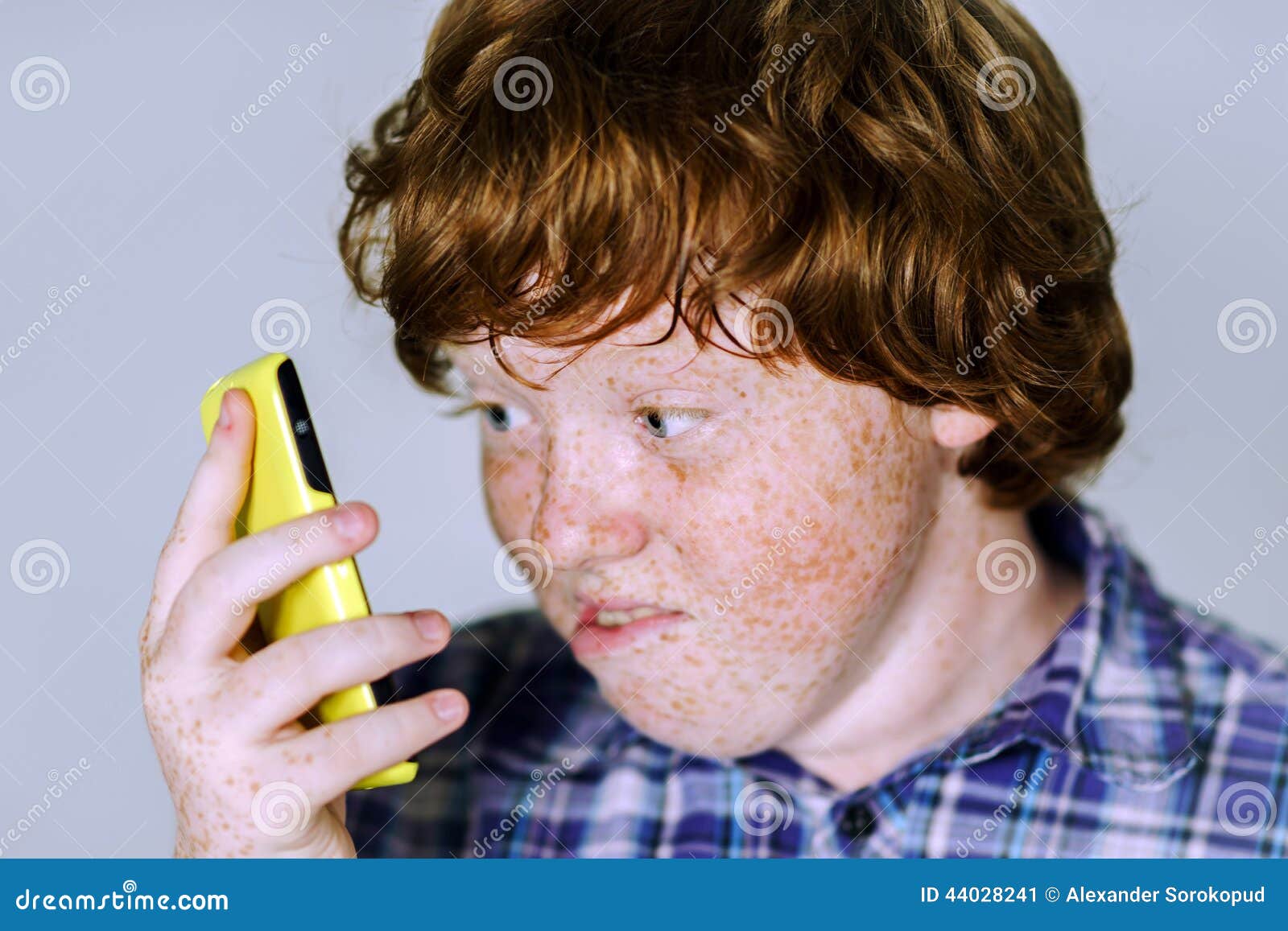 Comic Freckled Red-haired Boy with Mobile Phone Stock Image - Image of ...
