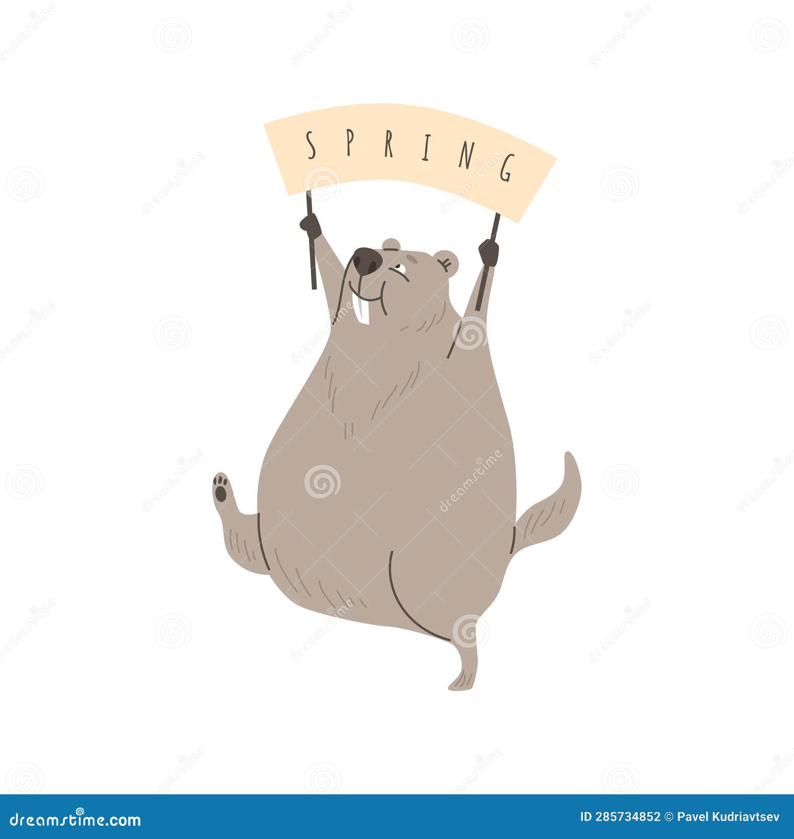 Comic Funny Groundhog Running with Spring Banner Overhead Flat Style ...
