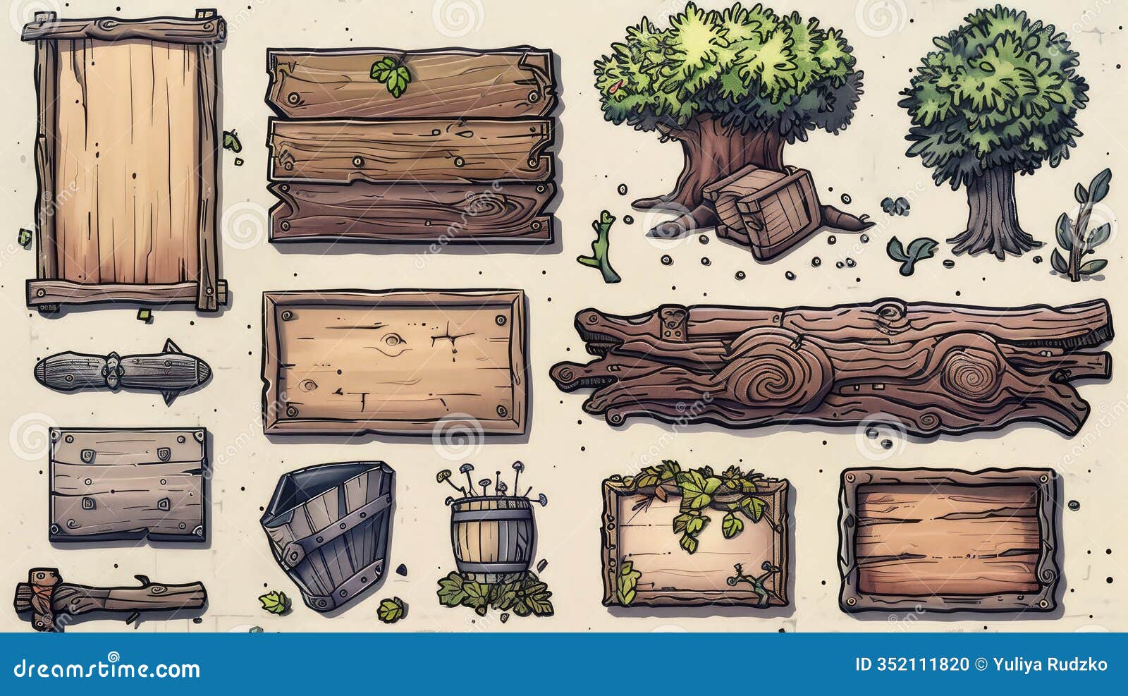 Comic Game UI Elements: Wooden Board and Title Border Stock Photo ...