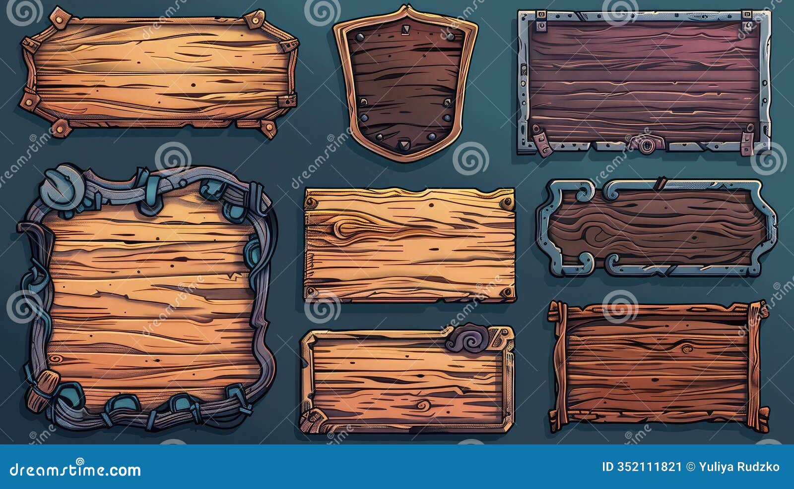 Comic Game UI Elements: Wooden Board and Title Border Stock Image ...