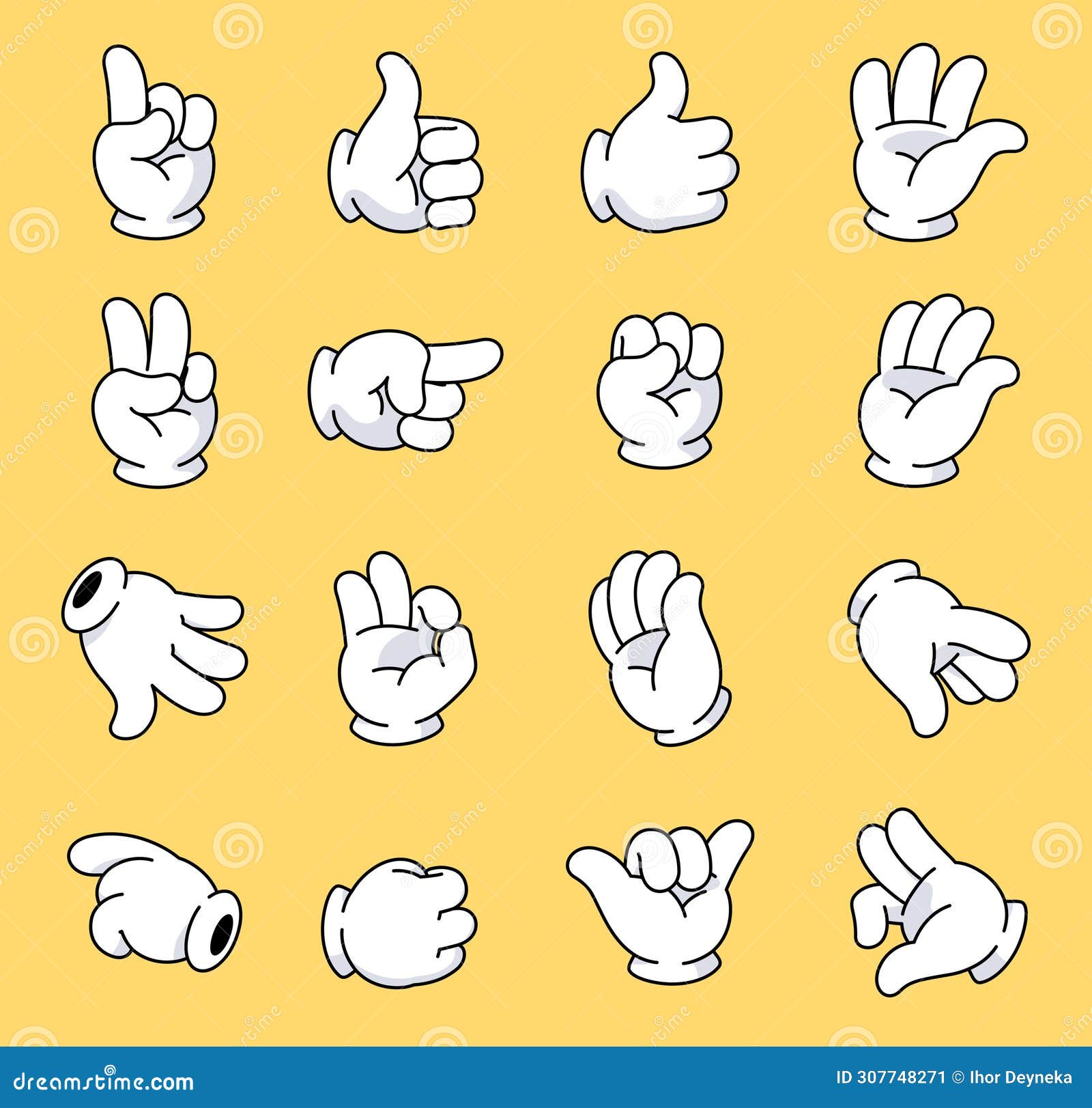 Comic Hands in White Gloves. Different Types of Hand Gestures. Palms in ...