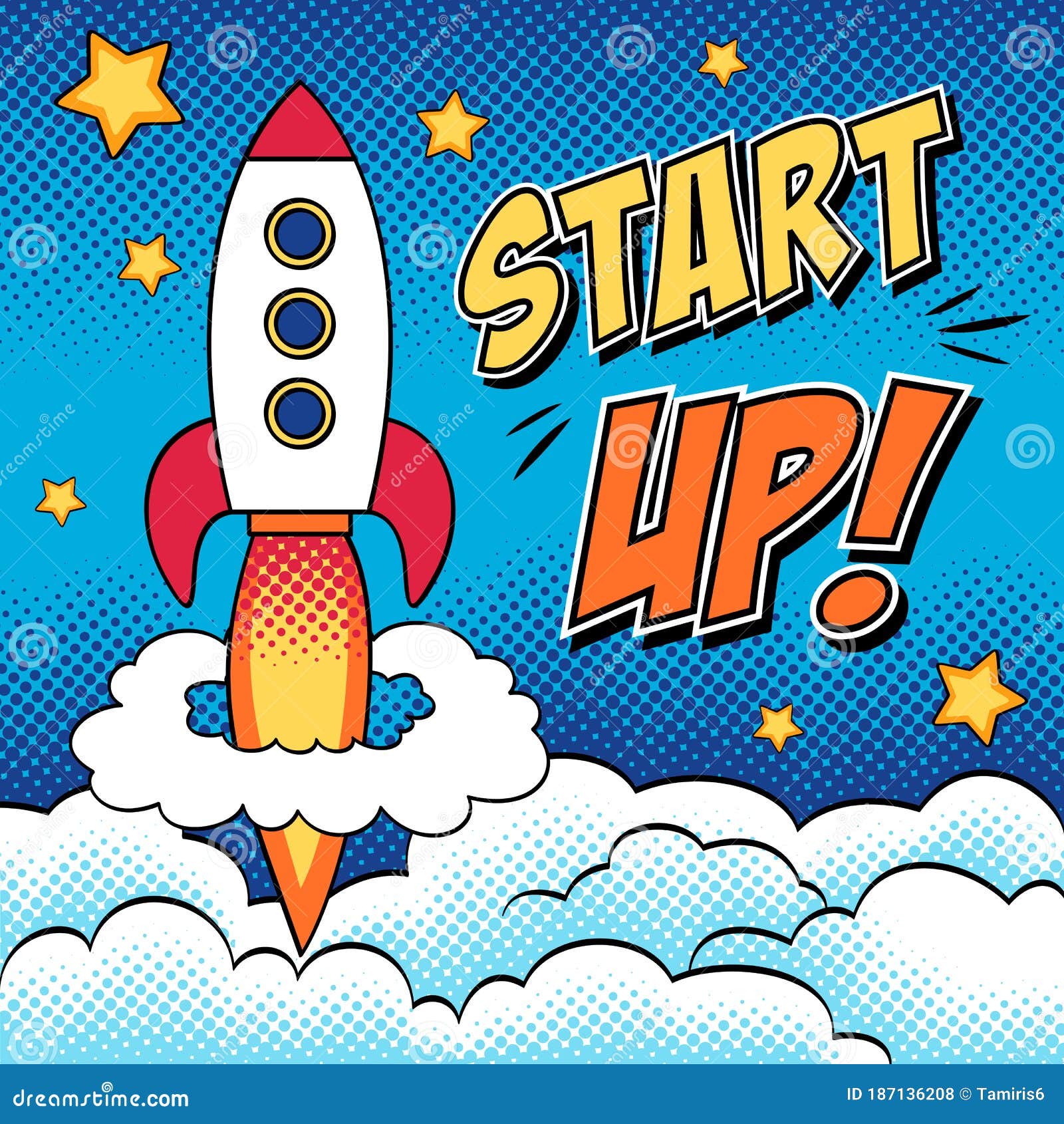 Comic Illustration of Start Up Concept with a Rocket in Pop Art Style ...