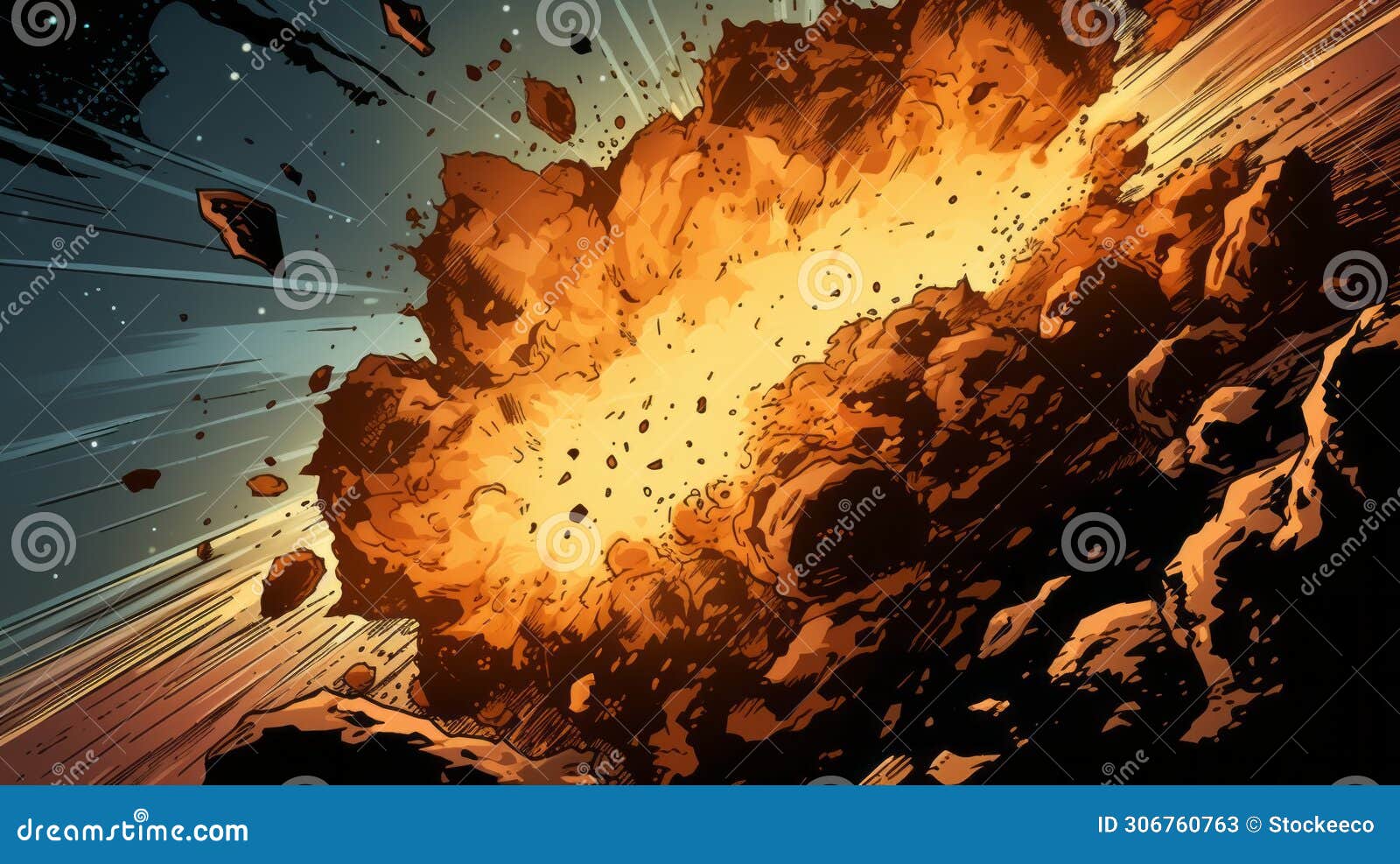 Comic Image: Meteorite Impact with Explosive Rubble Stock Illustration ...