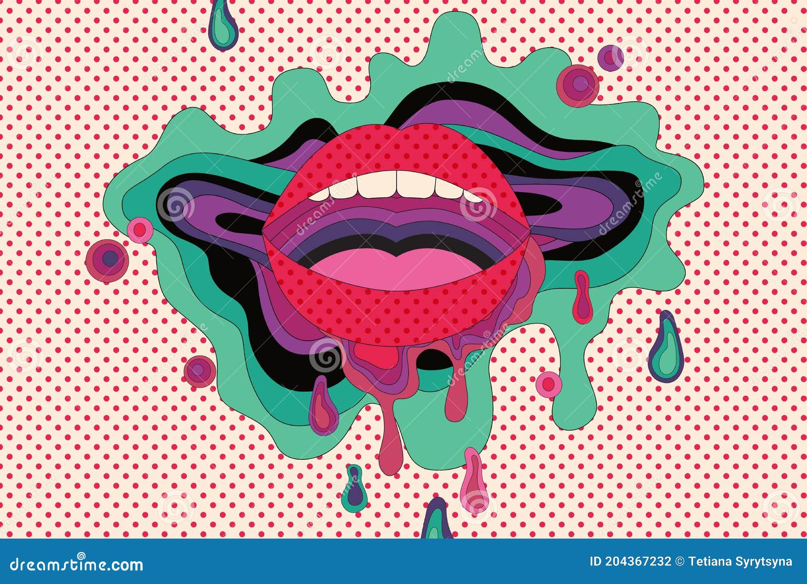 Funky Open Mouth, Dripping Paint, Polka Dots Pattern Stock Vector ...