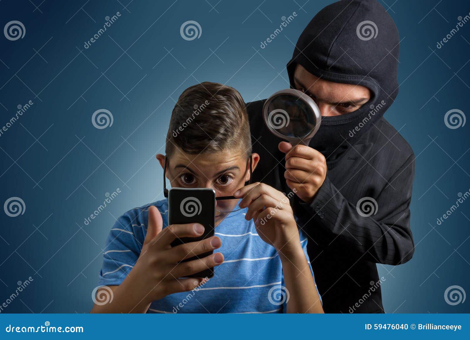 Comic Masked Man Spying Data from Smartphone of Teenager Stock Photo ...