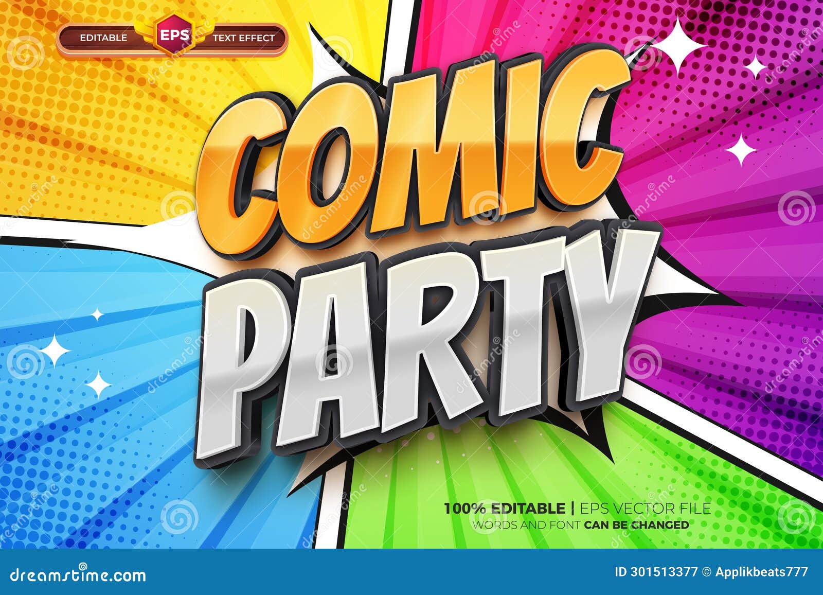 Comic Party 3D Editable Text Effect Logo Template Stock Vector ...
