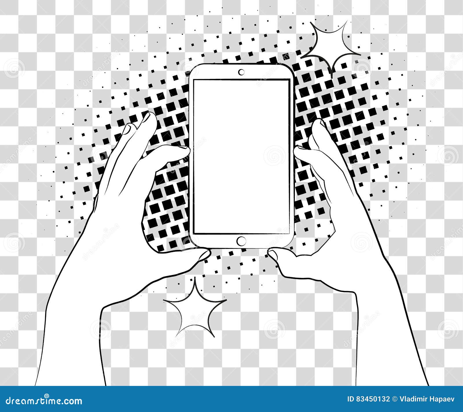 Comic Phone with Halftone Shadows. Hand Holding Smartphone. Vector ...