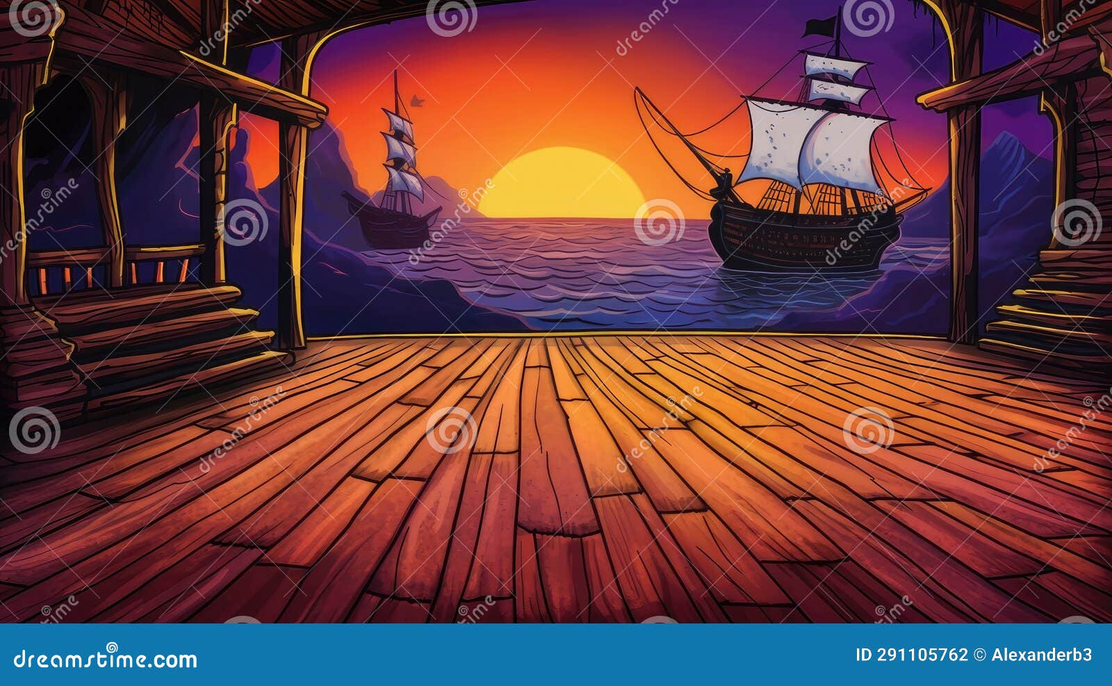 Comic Pirate Ship Deck Empty Background for Theater Stage Scene Stock ...