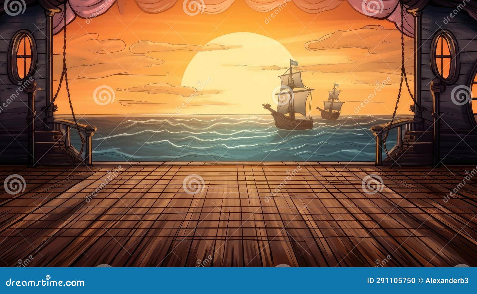 Comic Pirate Ship Deck Empty Background for Theater Stage Scene Stock ...