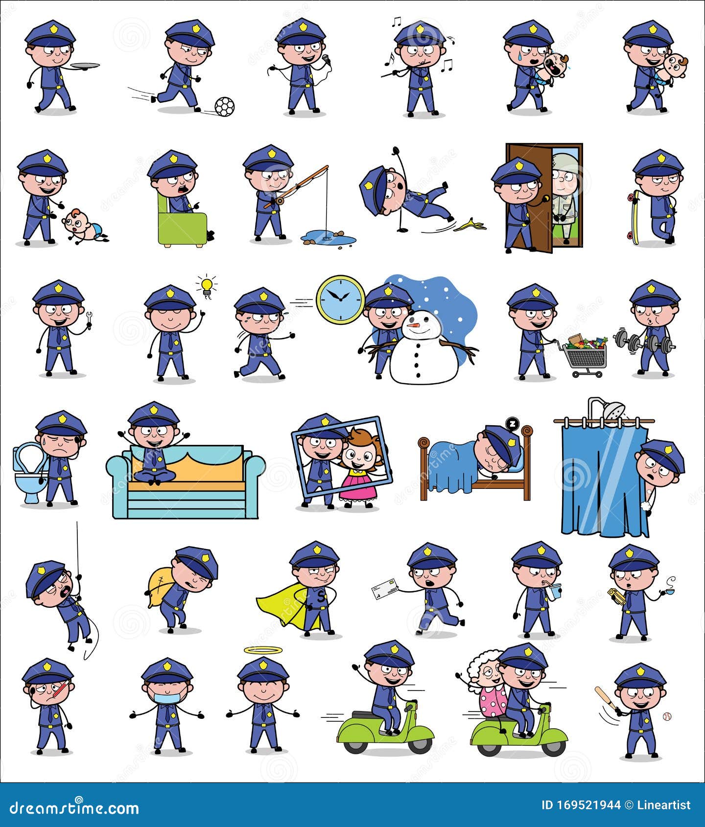 Comic Policeman Cop Character - Set of Concepts Vector Illustrations ...
