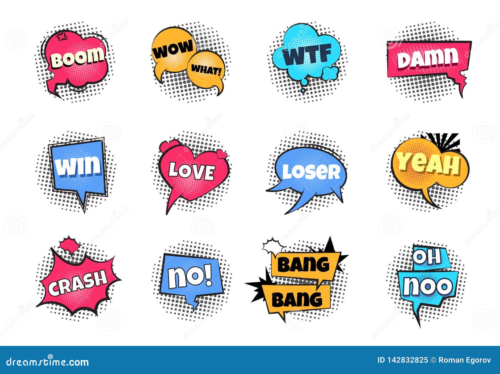 Comic Pop Art Bubbles. Cartoon Text Balloon Wow Explosion Sticker Fun ...