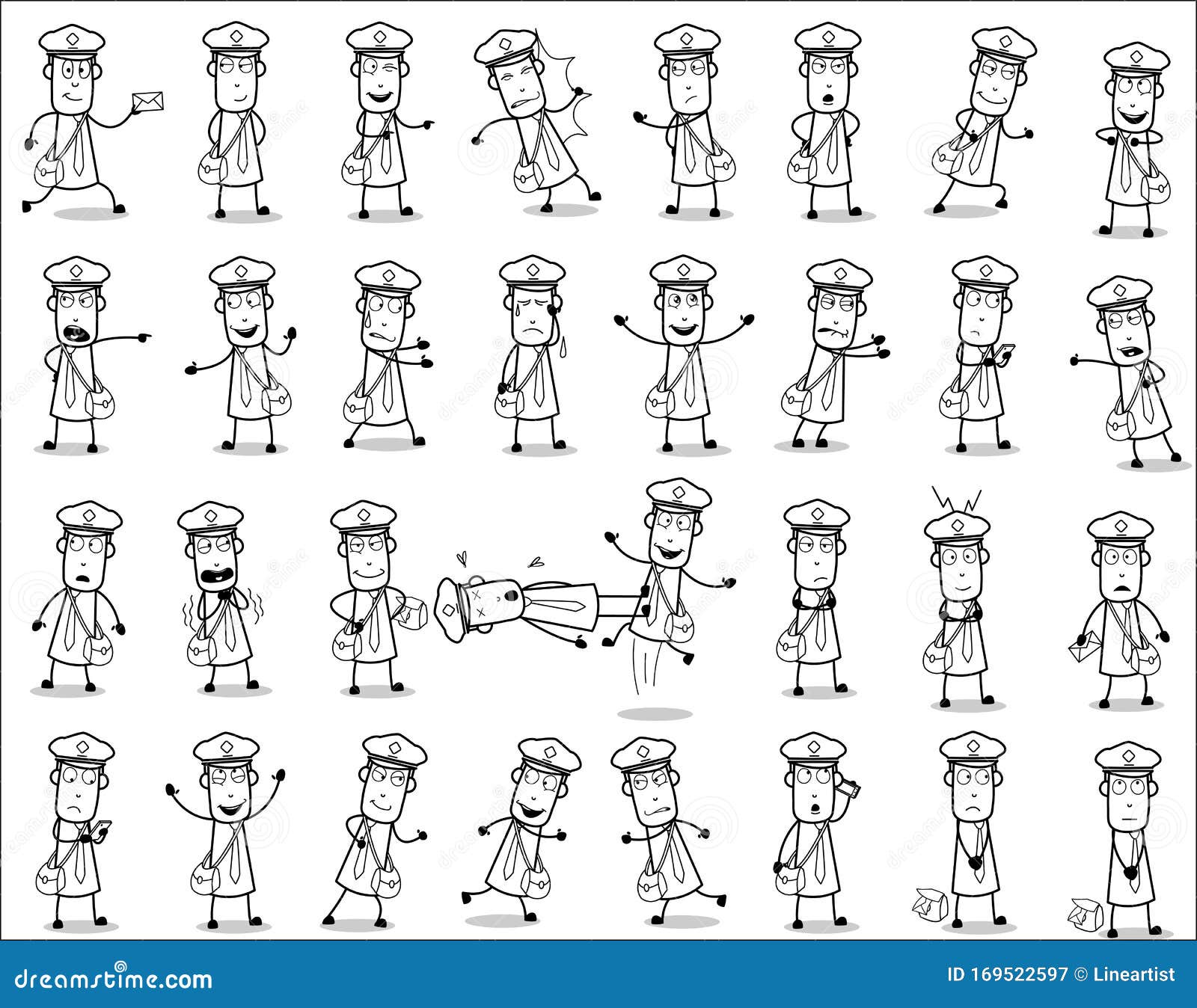 Comic Postman Poses - Set Van Retro Concepts Vector Illustraties Stock ...