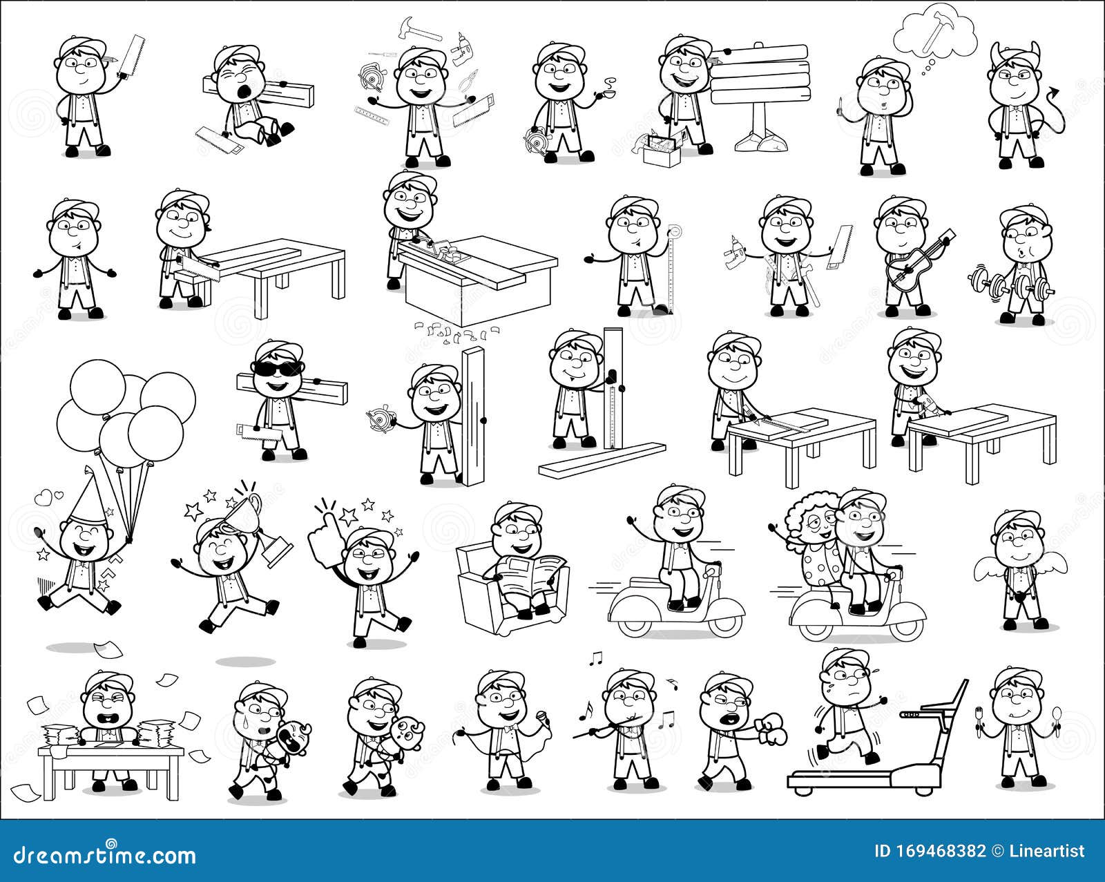 Retro Carpenter Character Poses - Set Of Concepts Vector Illustrations ...