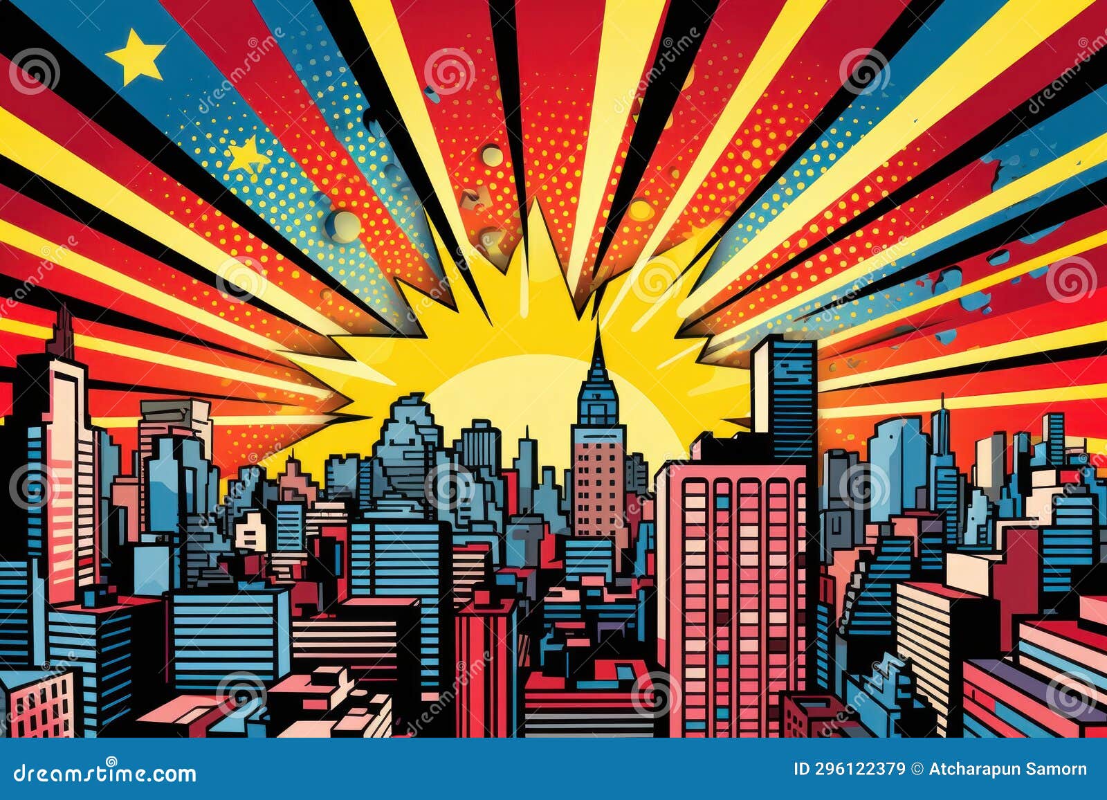 Comic Retro Pop Art Style Sunrise in the City Stock Image - Image of ...