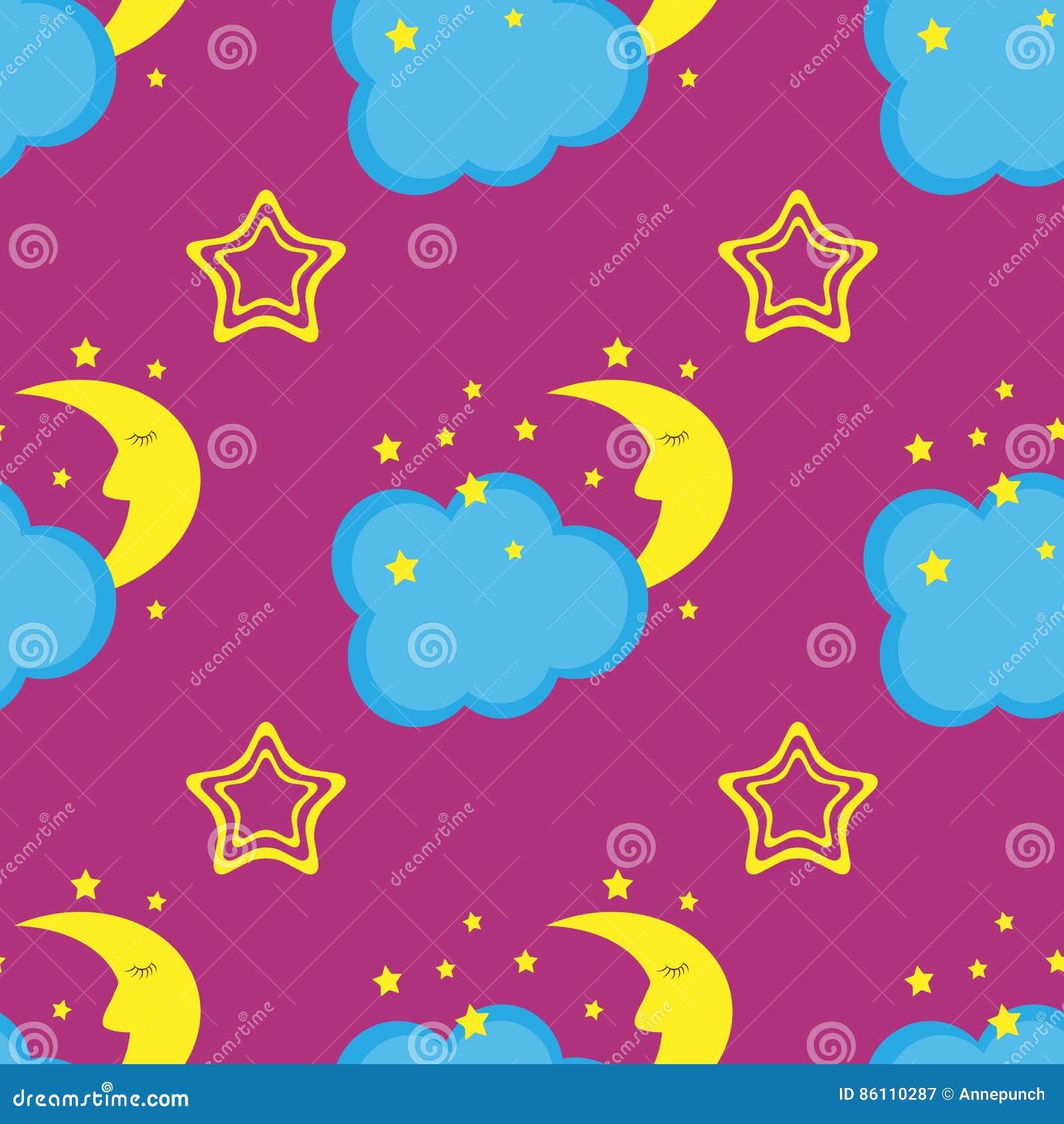 Comic Sleep Crescent Moon, Clouds, Stars. Kids Seamless Pattern Stock ...