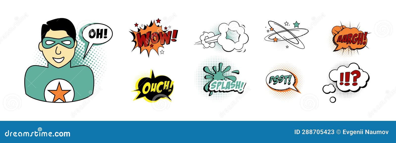 Comic Sound Effect in Pop Art Style with Superhero Vector Set Stock ...