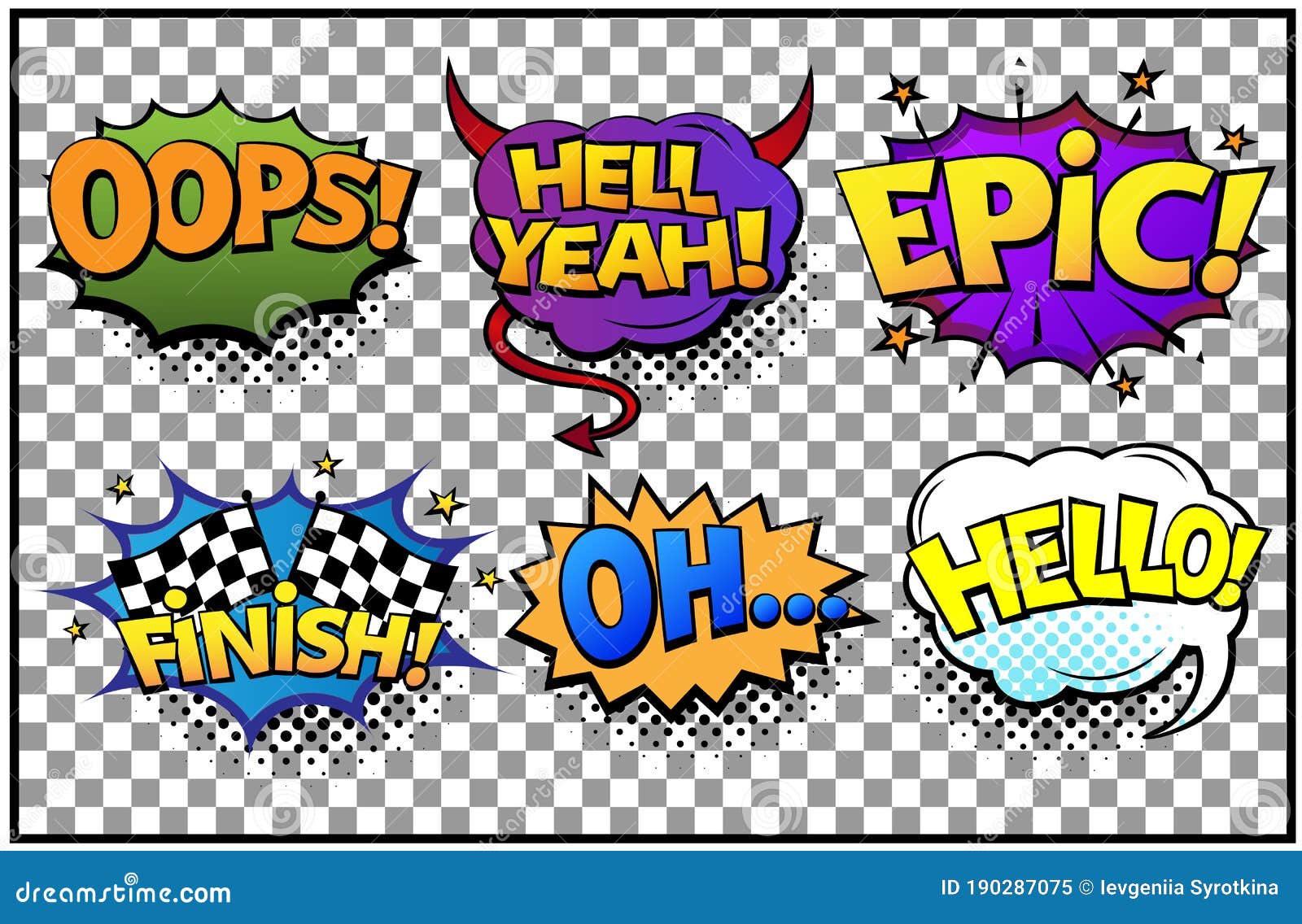 Comic Speech Bubbles Set with Different Emotions and Text Oops, Hell ...
