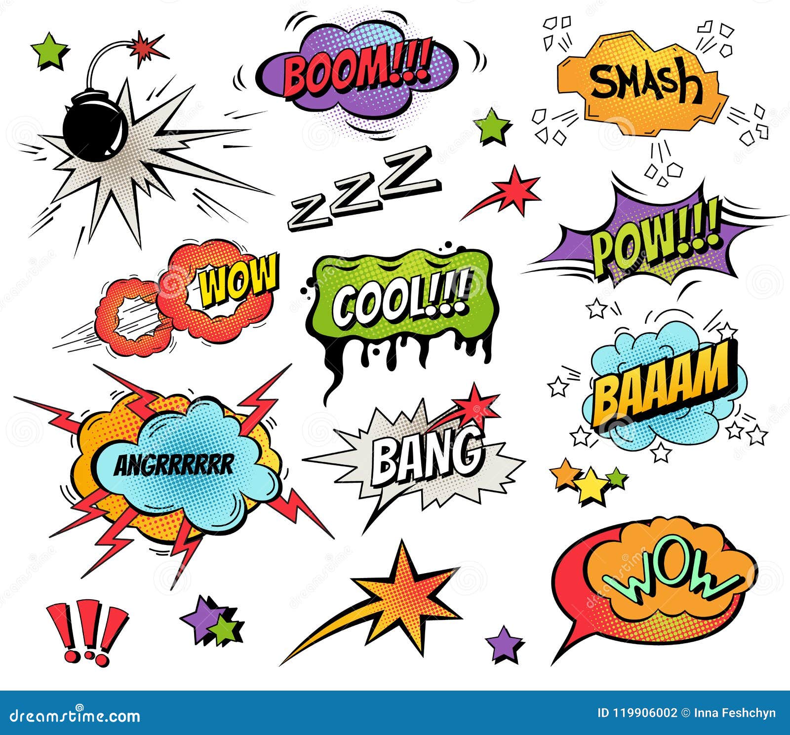 Comic Speech Bubbles and Splashes Set with Different Emotions and Text ...