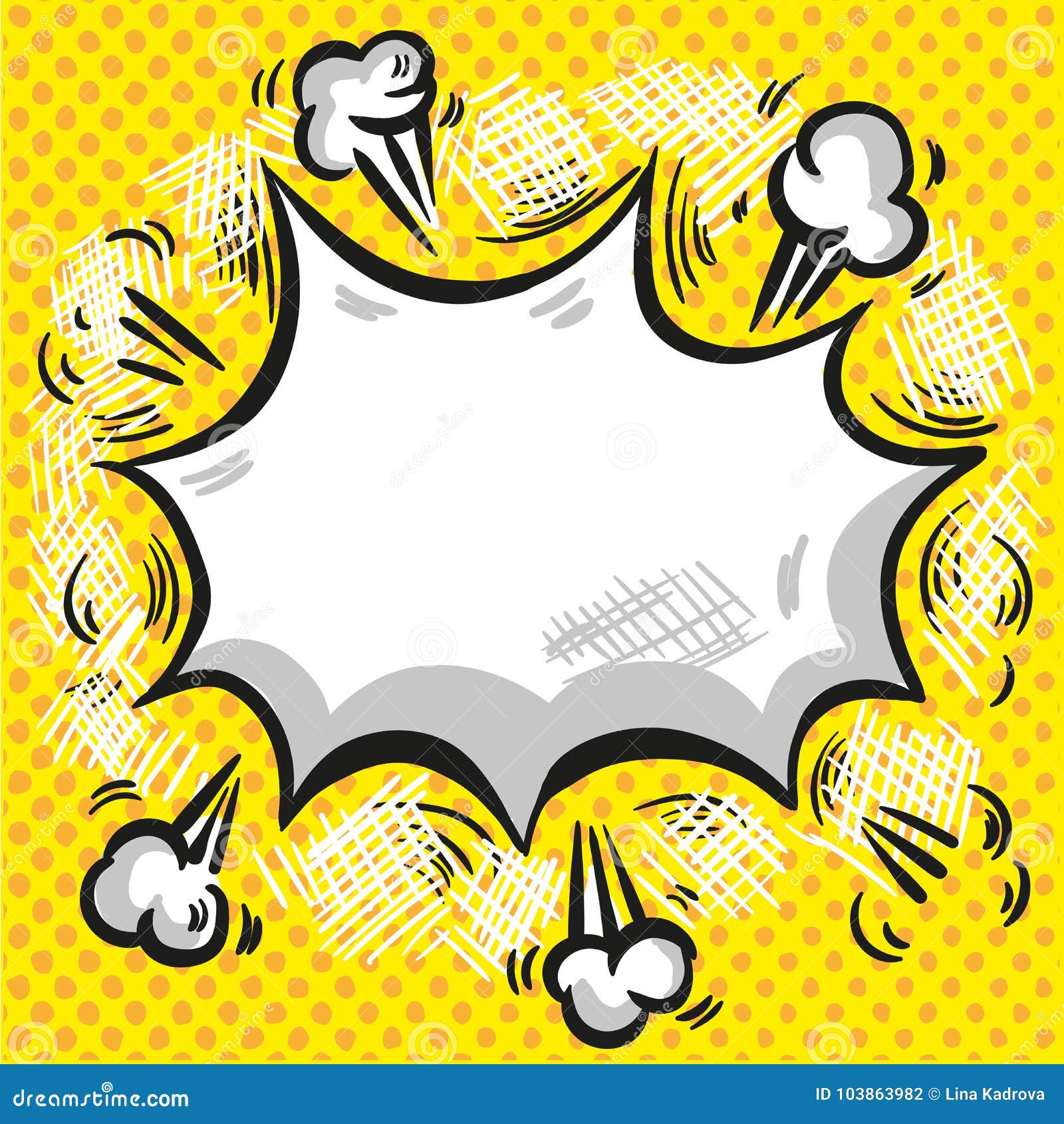 Comic Speech Cloud with Smoke Explosion and Rays on Halftone Yellow ...