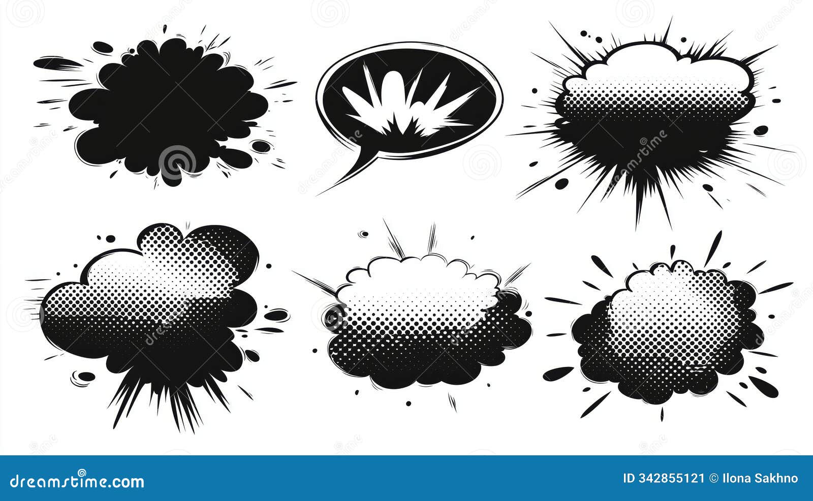 Comic-style Black and White Explosion Graphics with Halftone Effects ...