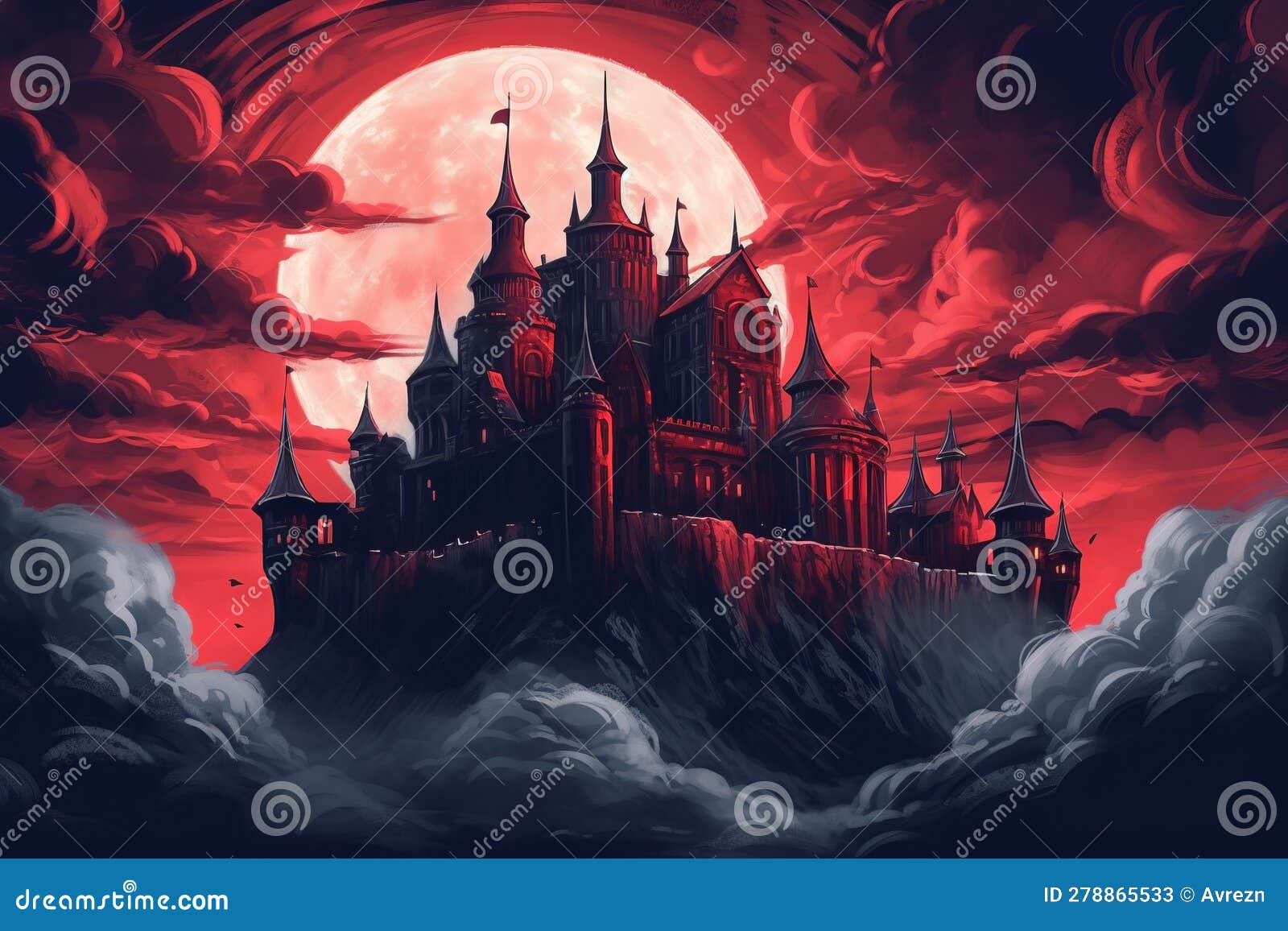 Comic Style Castle in Dramatic Clouds with Full Evil Red Moon ...