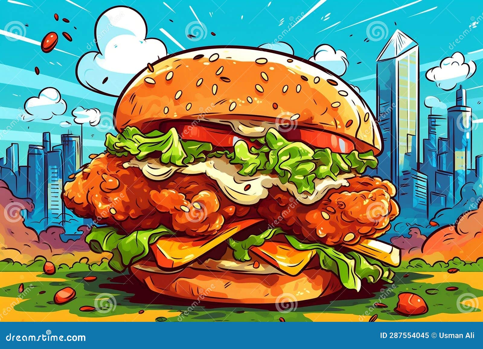 Comic-Style Crispy Chicken Burger. AI Stock Illustration - Illustration ...