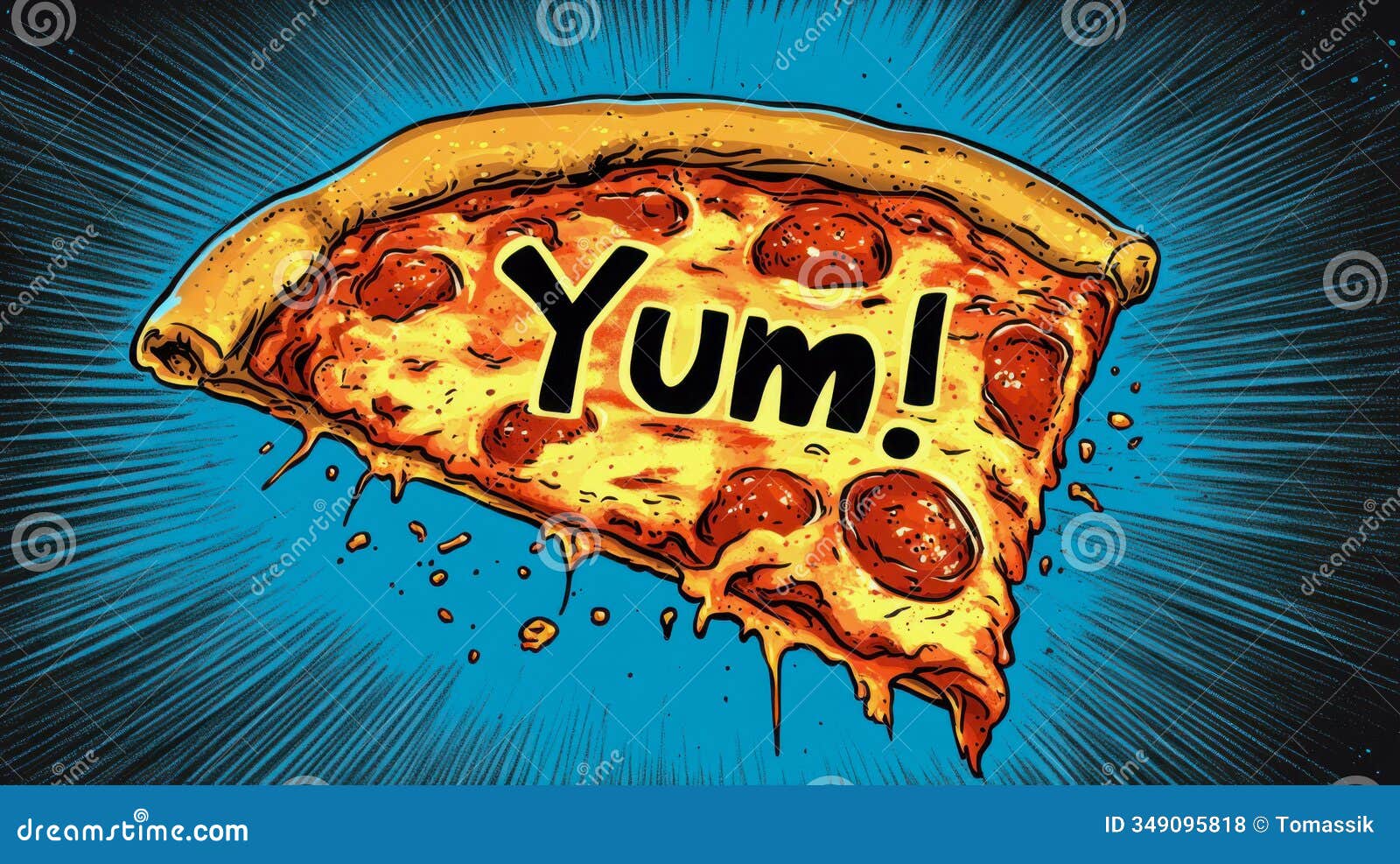 Comic Style Pepperoni Pizza Slice with Yum Text in Bold Lettering Stock ...