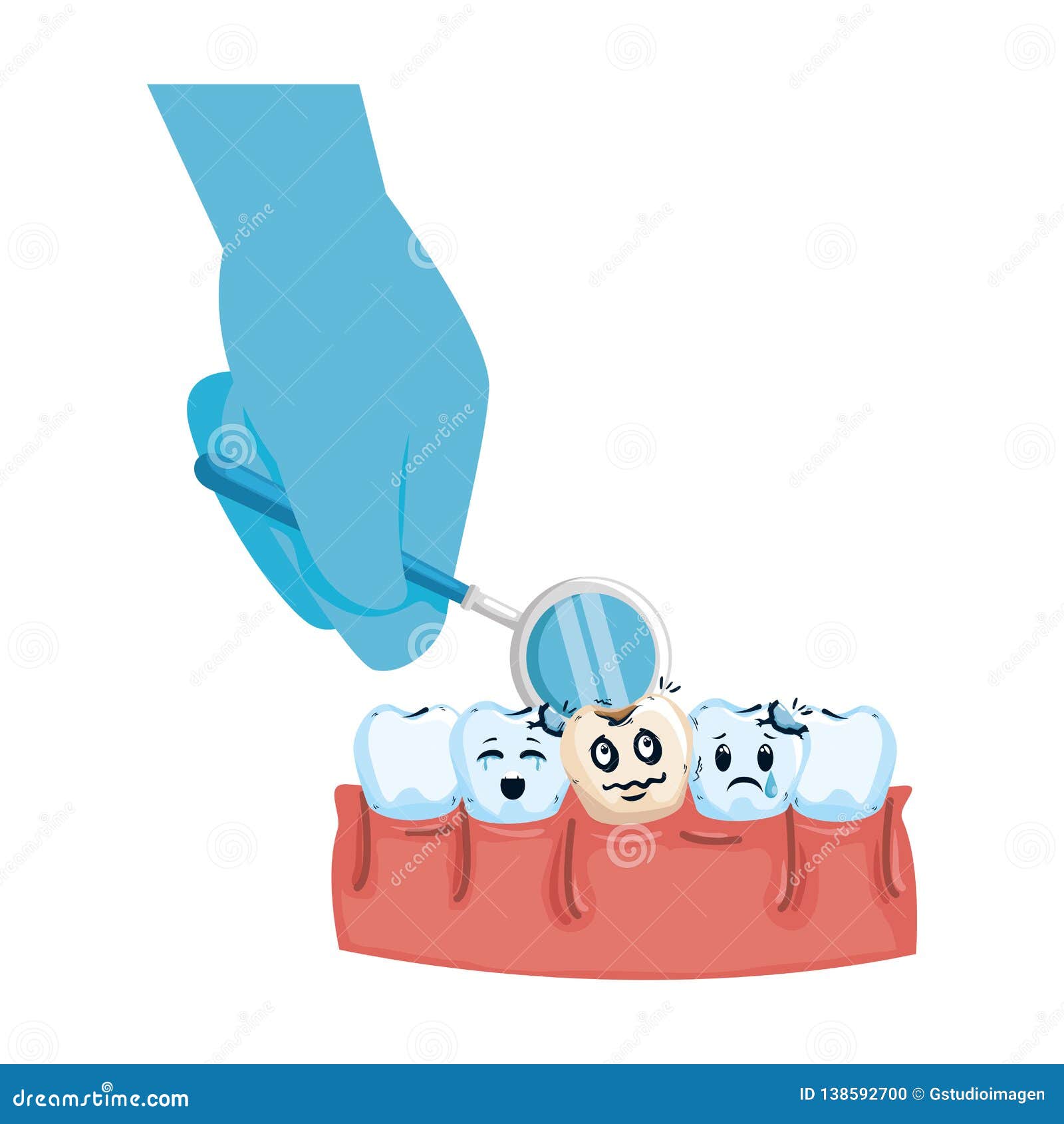 Comic Teeth with Dentist Hand Using Mirror Stock Vector - Illustration ...