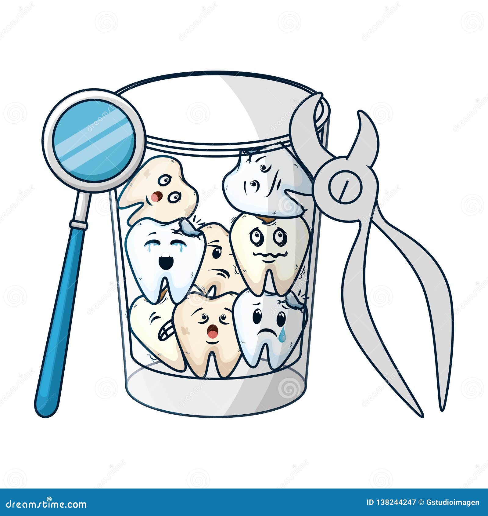 Comic Teeth in Glass with Pliers and Mirror Stock Vector - Illustration ...