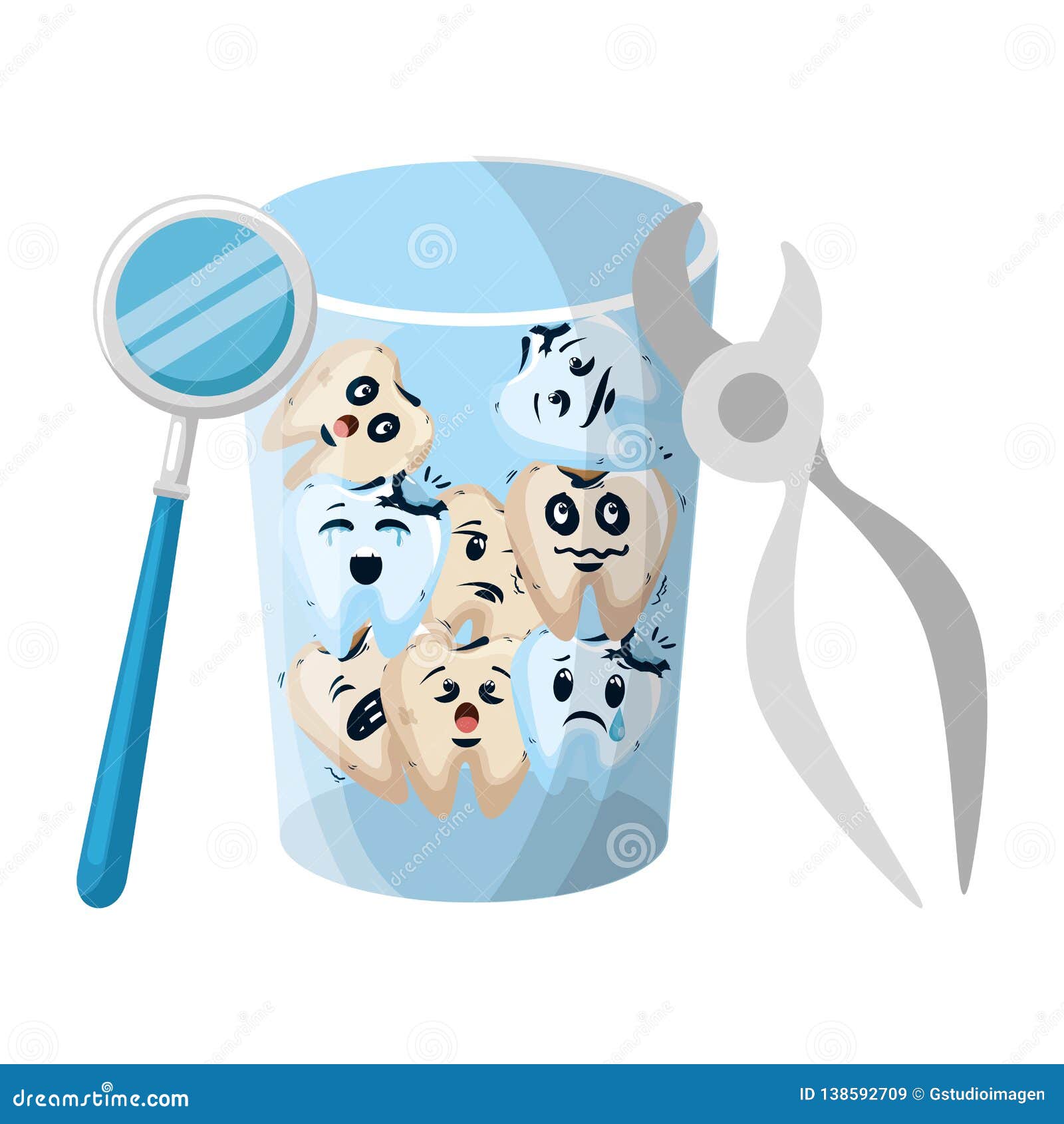 Comic Teeth in Glass with Pliers and Mirror Stock Vector - Illustration ...