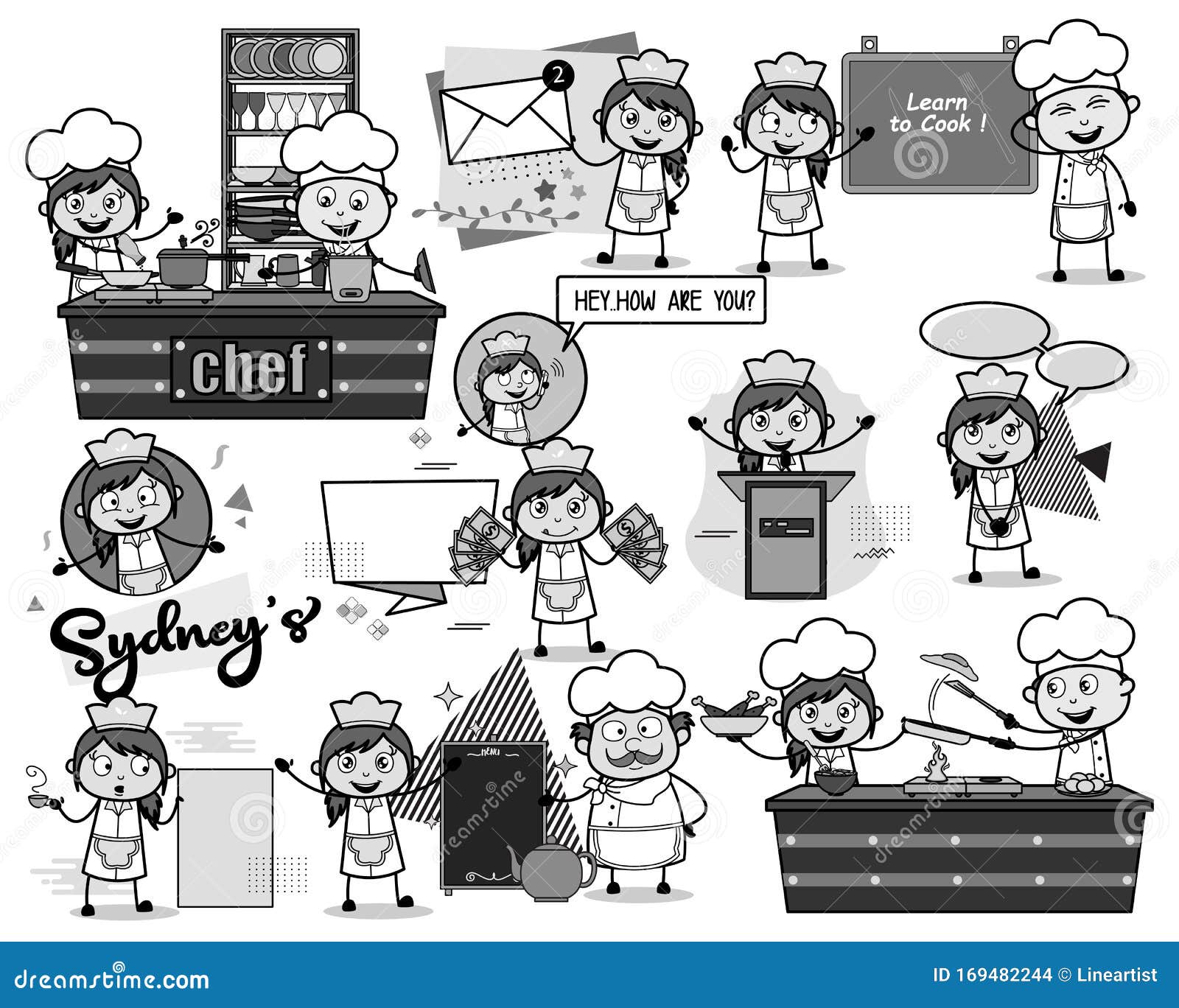 Comic Waitress Retro Character - Various Concepts Vector Illustrations ...