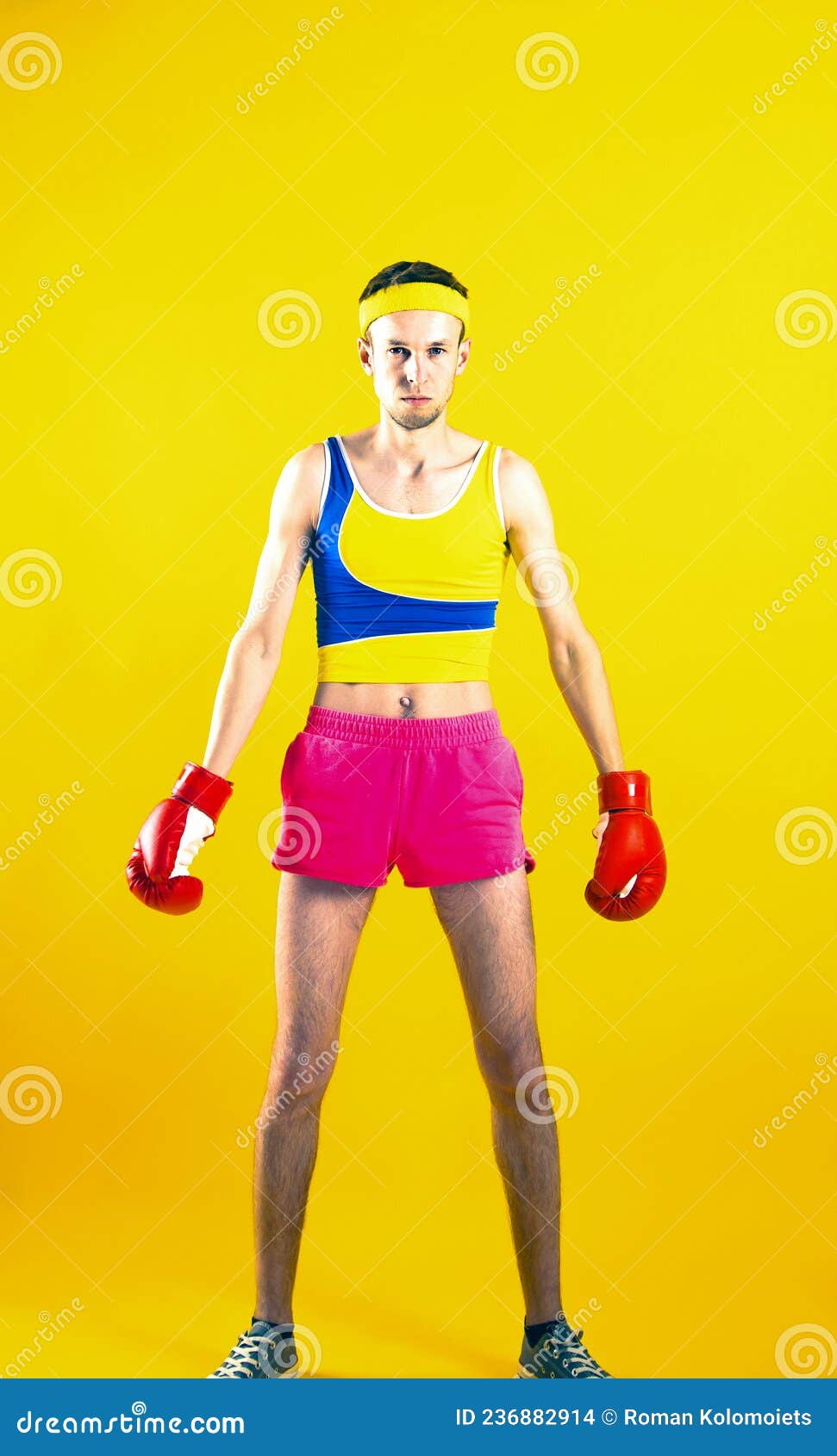 Comic Weak Fighter with Red Sport Boxing Gloves. Stock Photo - Image of ...