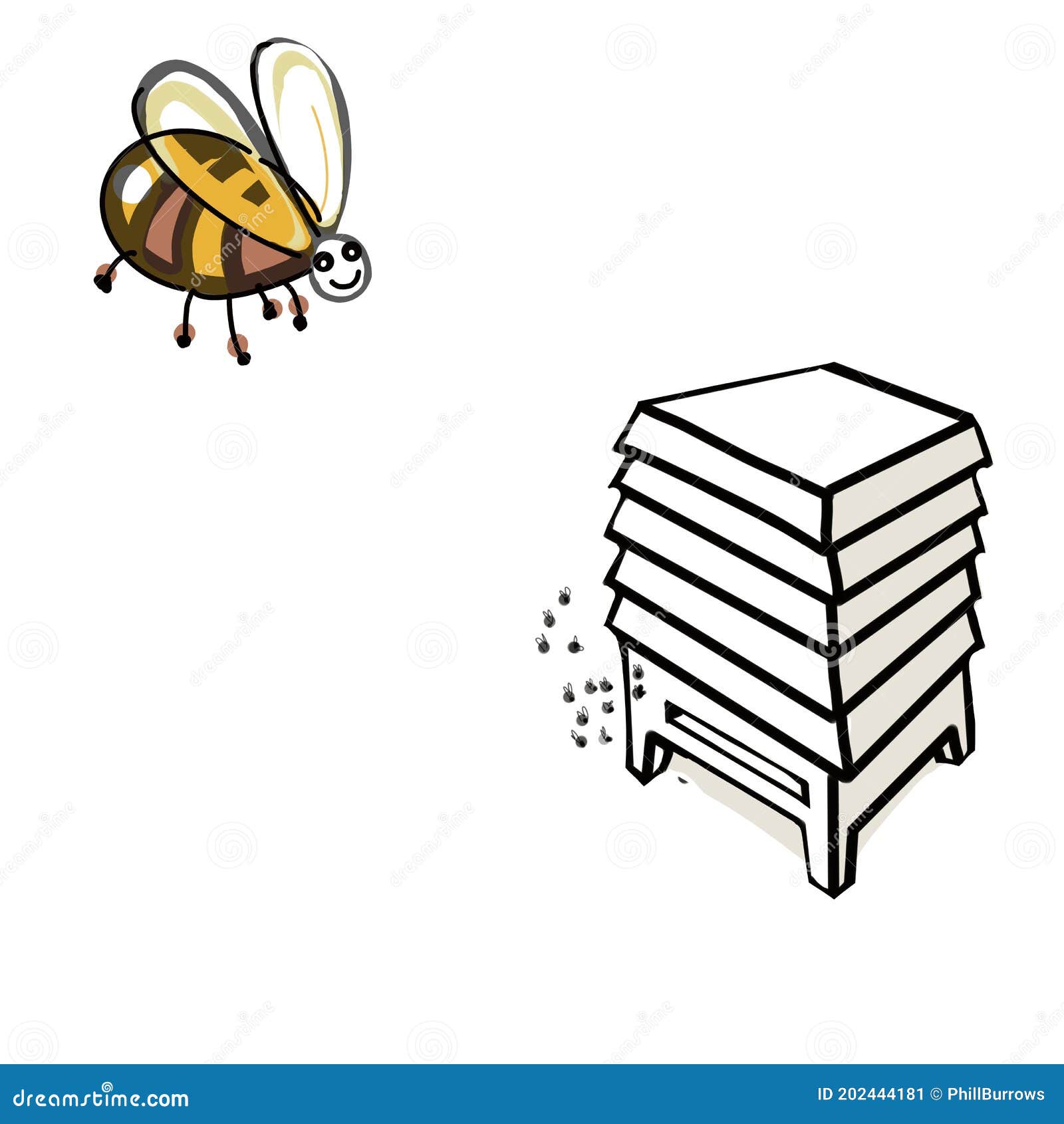 Traditional Beehive Or Skep With Swarming Bees Vector Illustration ...