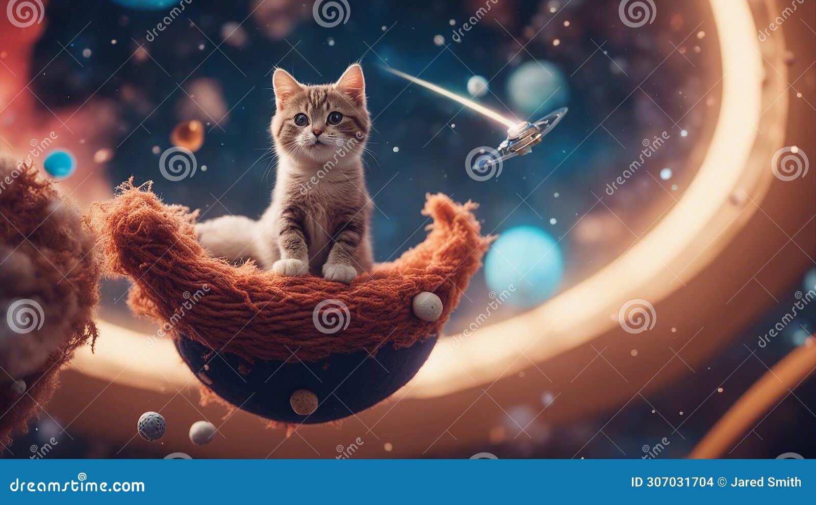 A Comical Cat Astronaut with a Playful Smirk, Riding on a Rocket Shaped ...