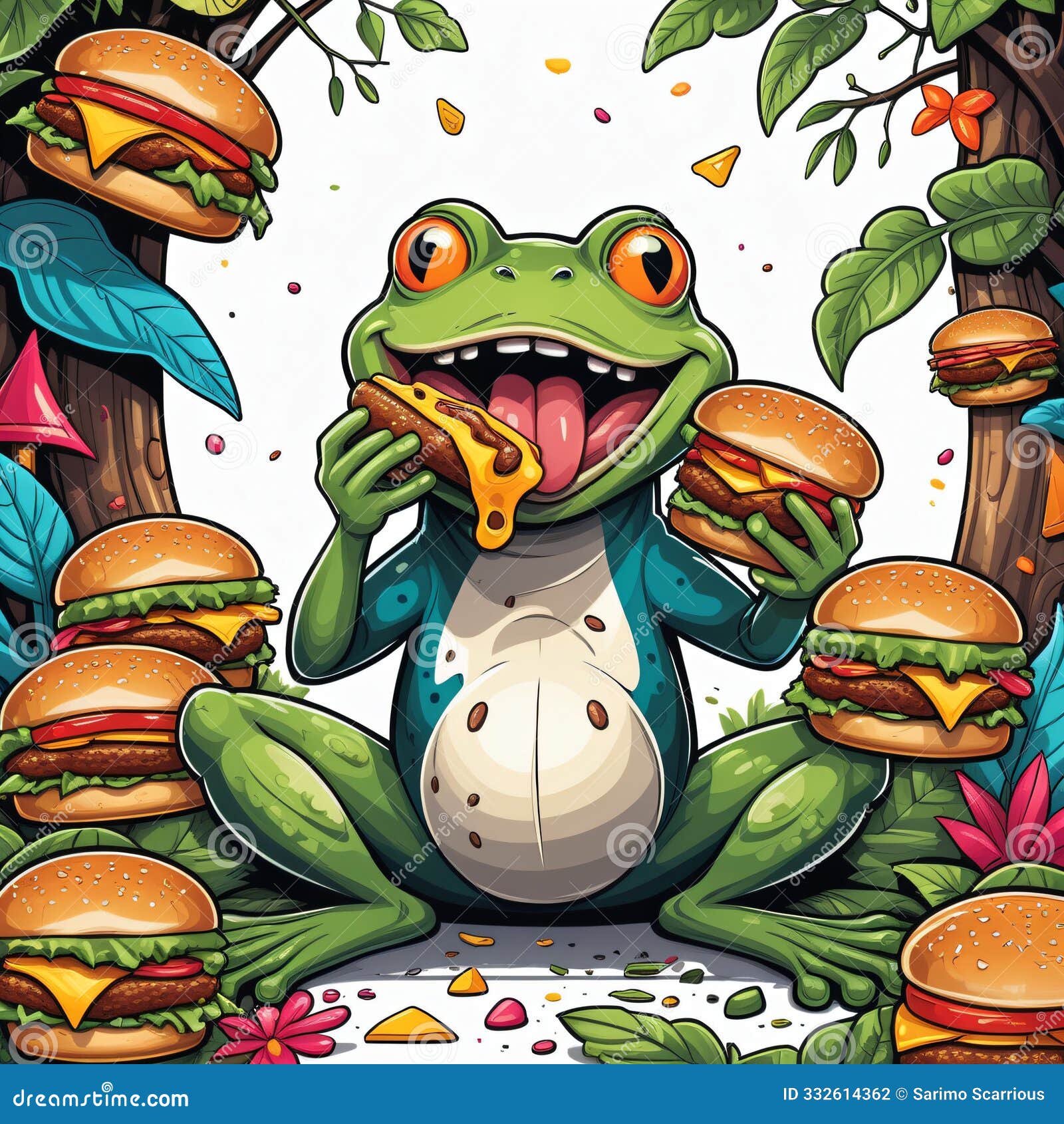 Playful Frog Eats Burger, Tongue Out Stock Illustration - Illustration ...
