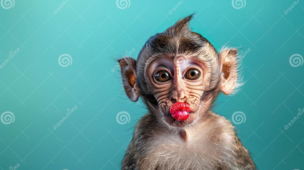 Comical Monkey with Painted Red Lips, Pulls His Lips in a Kiss. Stock Image - Image of wildlife ...