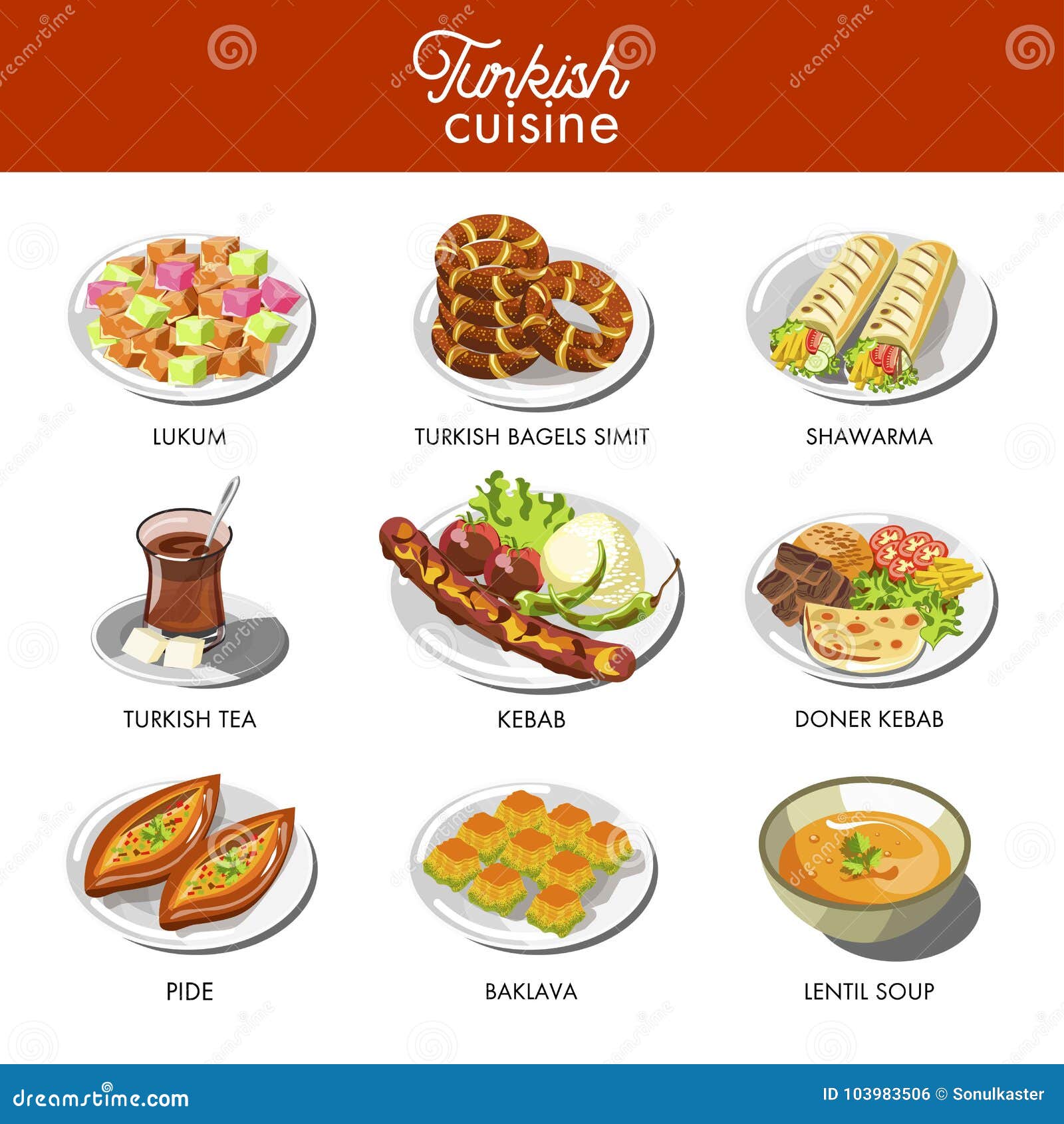 Comida Turca De La Cocina Y Platos Tradicionales Ilustración del Vector ...