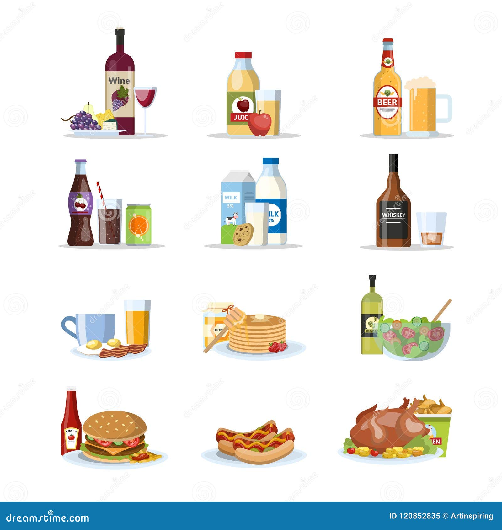 Comida y bebidas fijadas ilustración del vector. Ilustración de cena ...