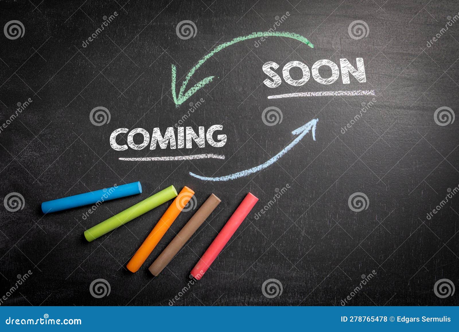Coming Soon Concept. Text and Colored Pieces of Chalk on a Blackboard ...