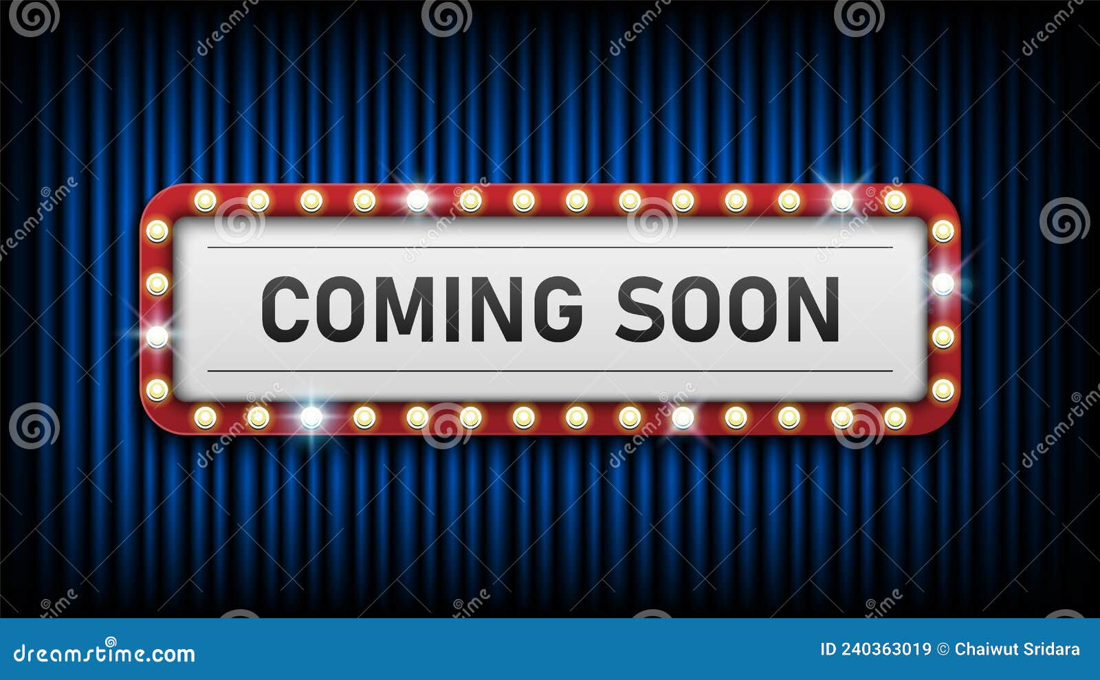 Coming Soon with Electric Bulbs Frame on Blue Curtain Background ...