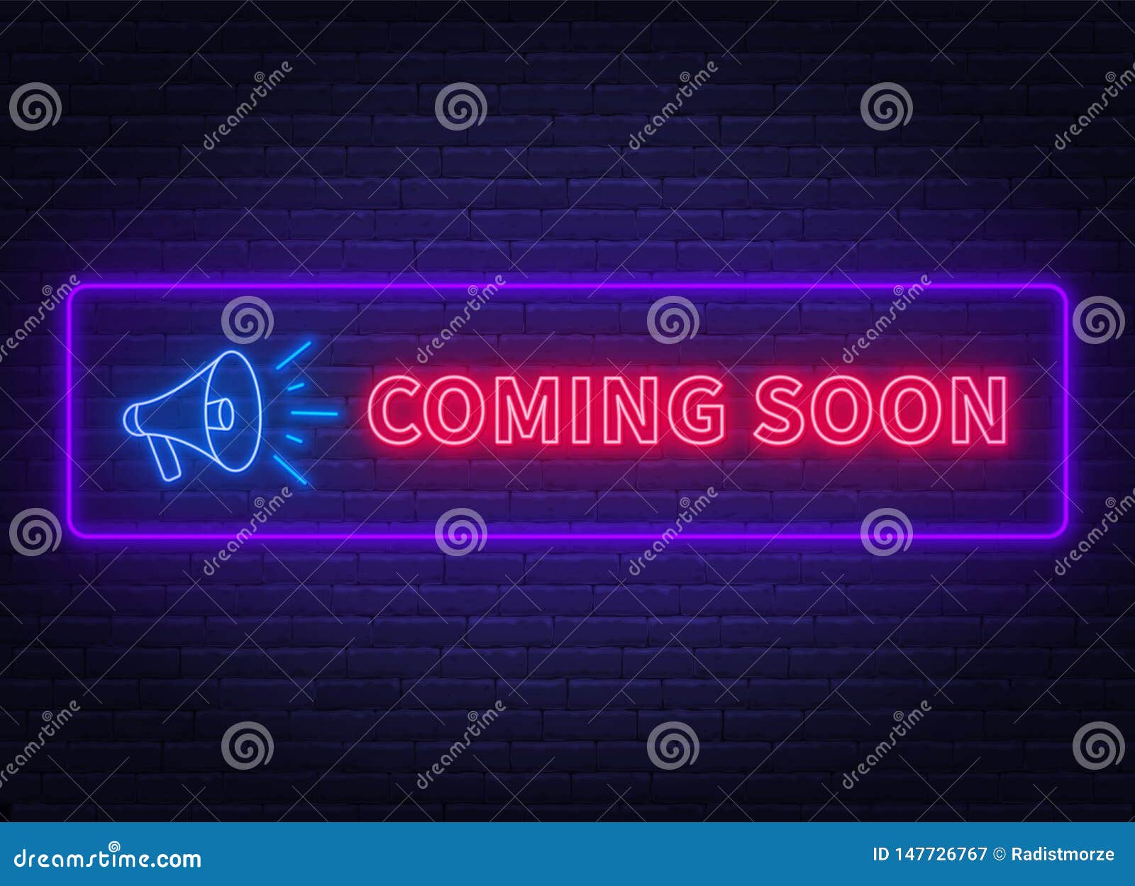 Coming Soon Neon Sign With Megaphone On A Brick Wall Background ...