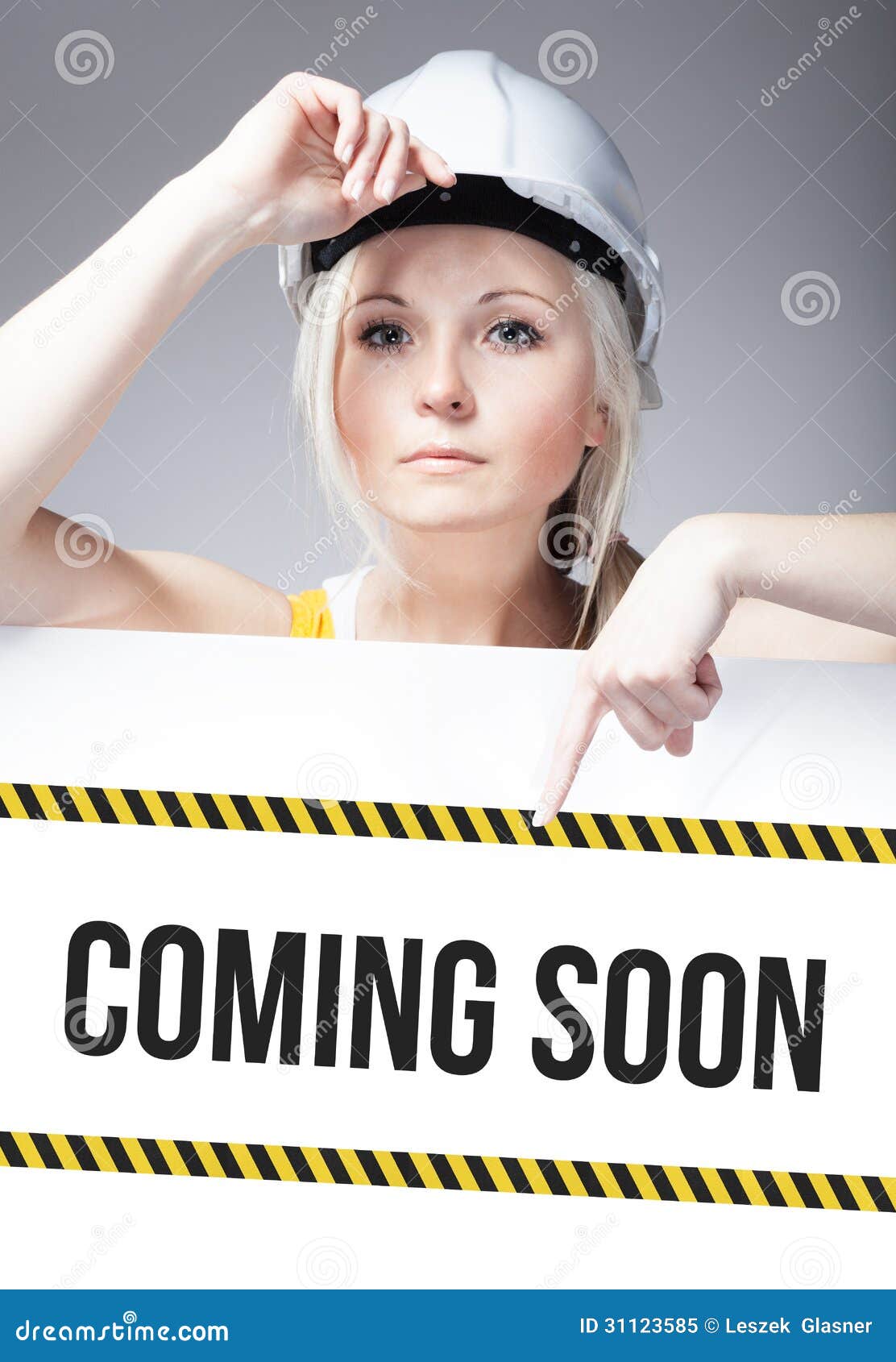 Coming Soon Sign on Template Board, Worker Woman Stock Image - Image of ...