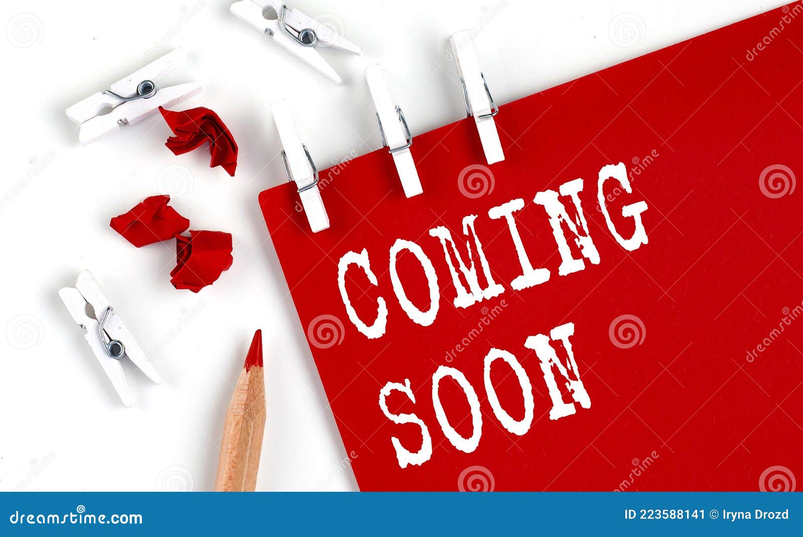 COMING SOON Text on Red Paper with Office Tools on White Background ...