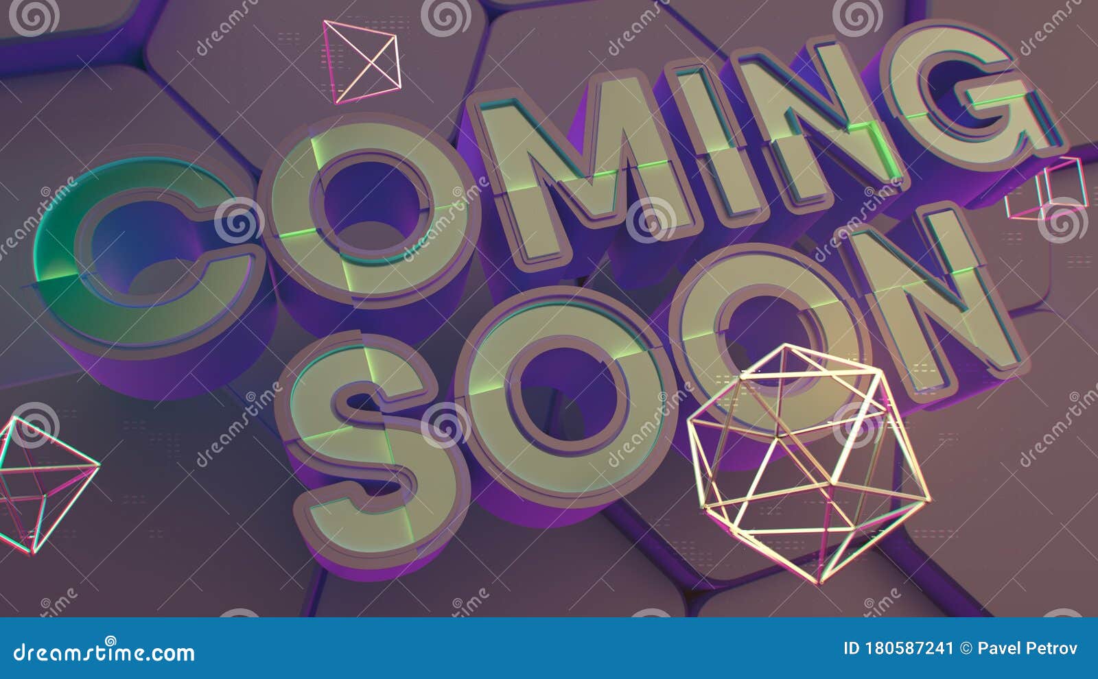 Coming Soon Title. Black 3d Text Hex Background. Polygon Golden Frame ...