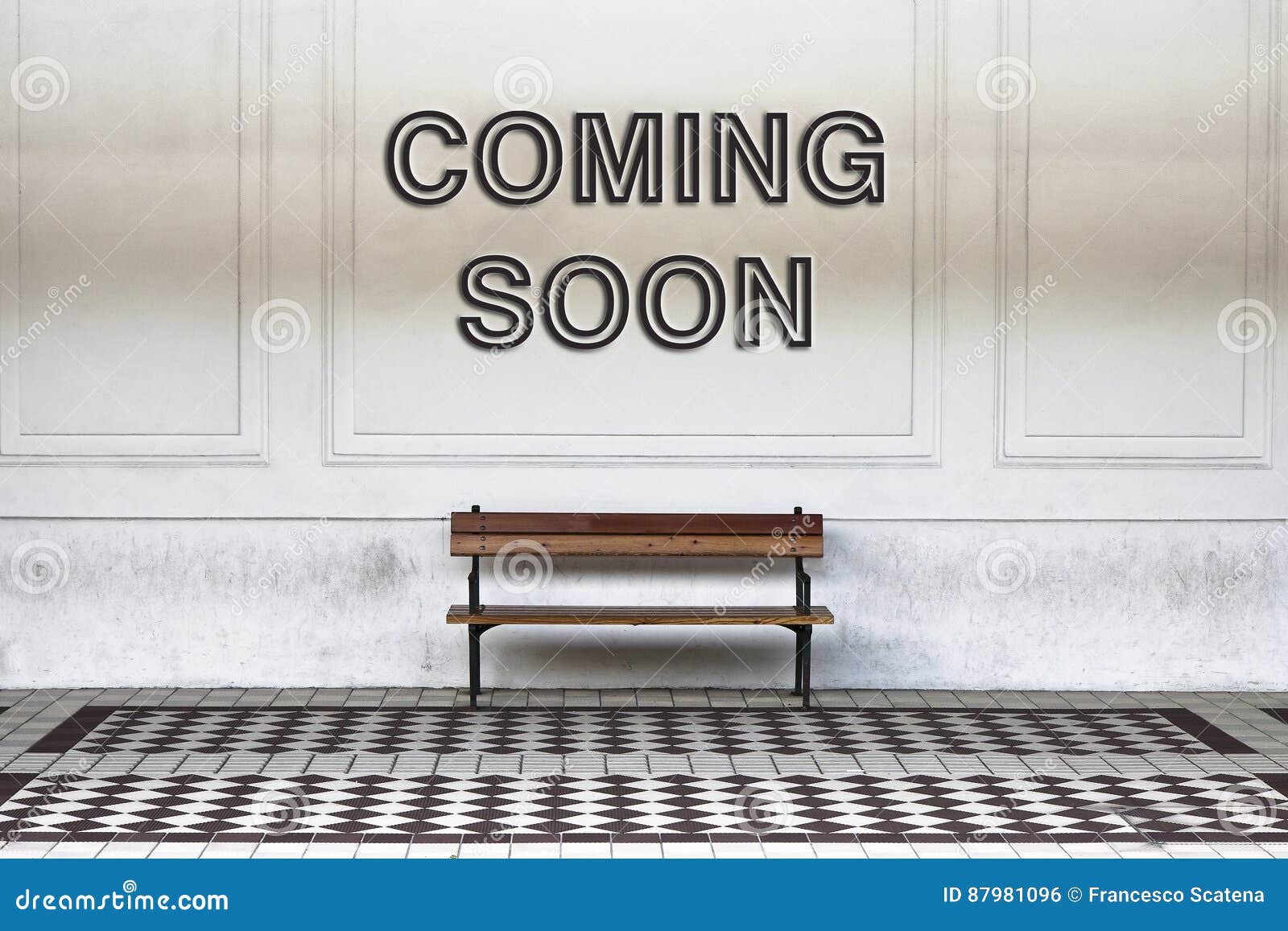 Coming Soon Written on a Wall Above a Wooden Bench - Concept Image ...