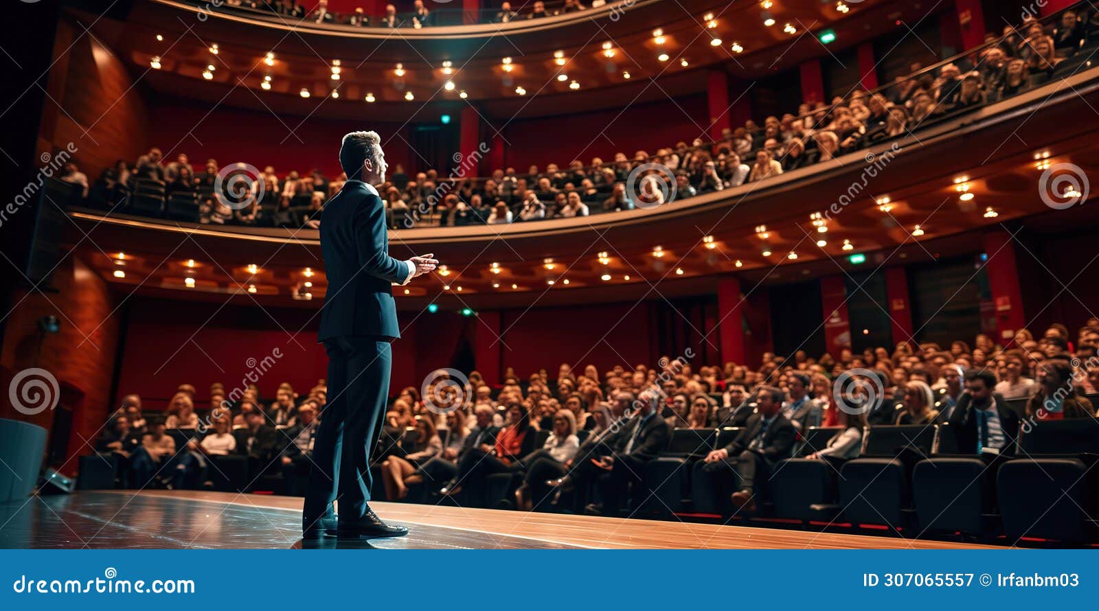 In Command: Businessman Stands Tall on Auditorium Stage, Addressing ...