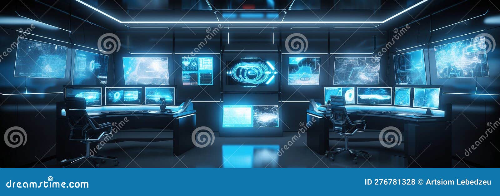 Command Center Interior Banner. 3d Room with Neon Light. Sci-fi Concept ...